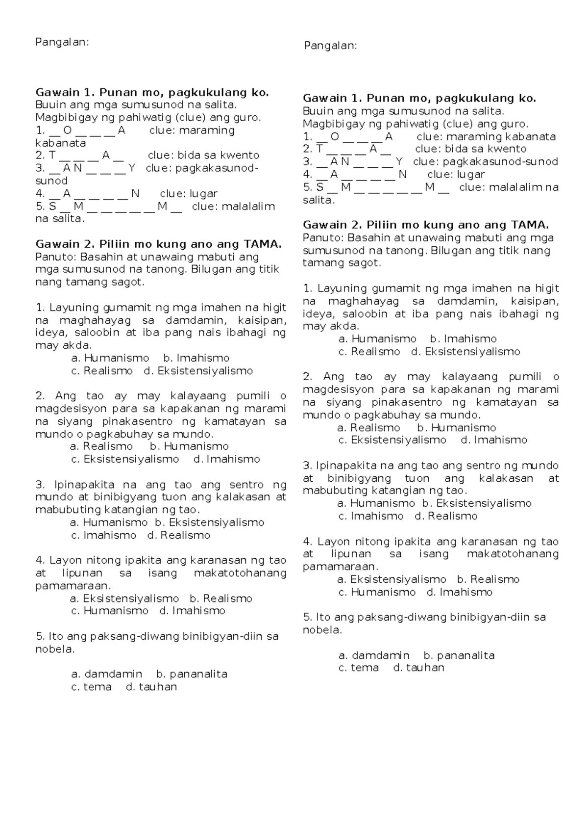 Activity Sheets - Nobela Questions - Pangalan: Pangalan: Gawain 1 ...