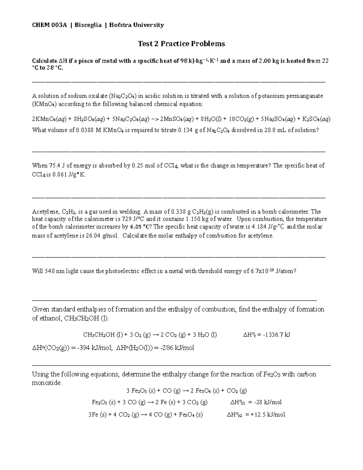 Chem 3A Fall 2020 Test 2 Practice Problems - **CHEM 003A | Bisceglia ...