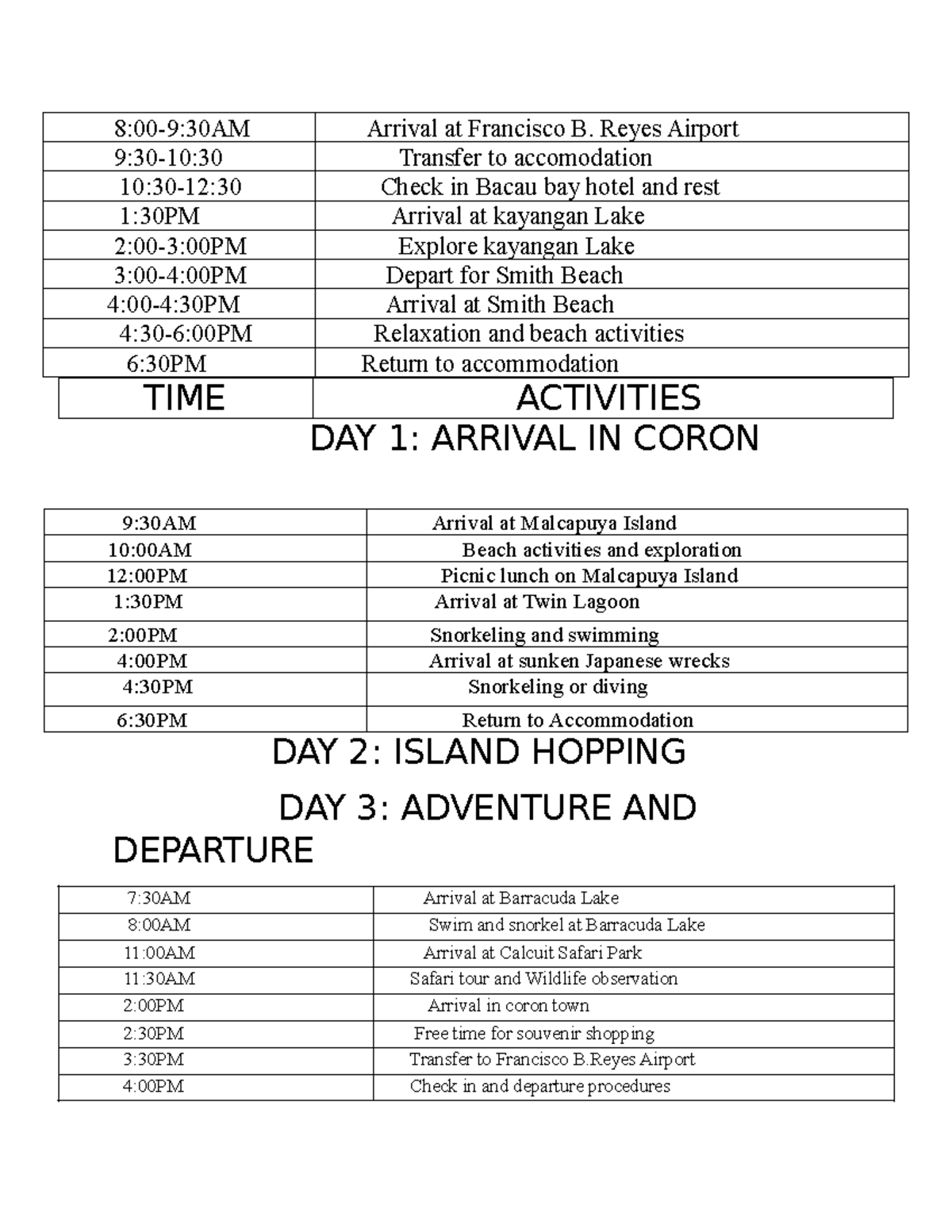 itinerary of coron palawan - 8:00-9:30AM Arrival at Francisco B. Reyes ...