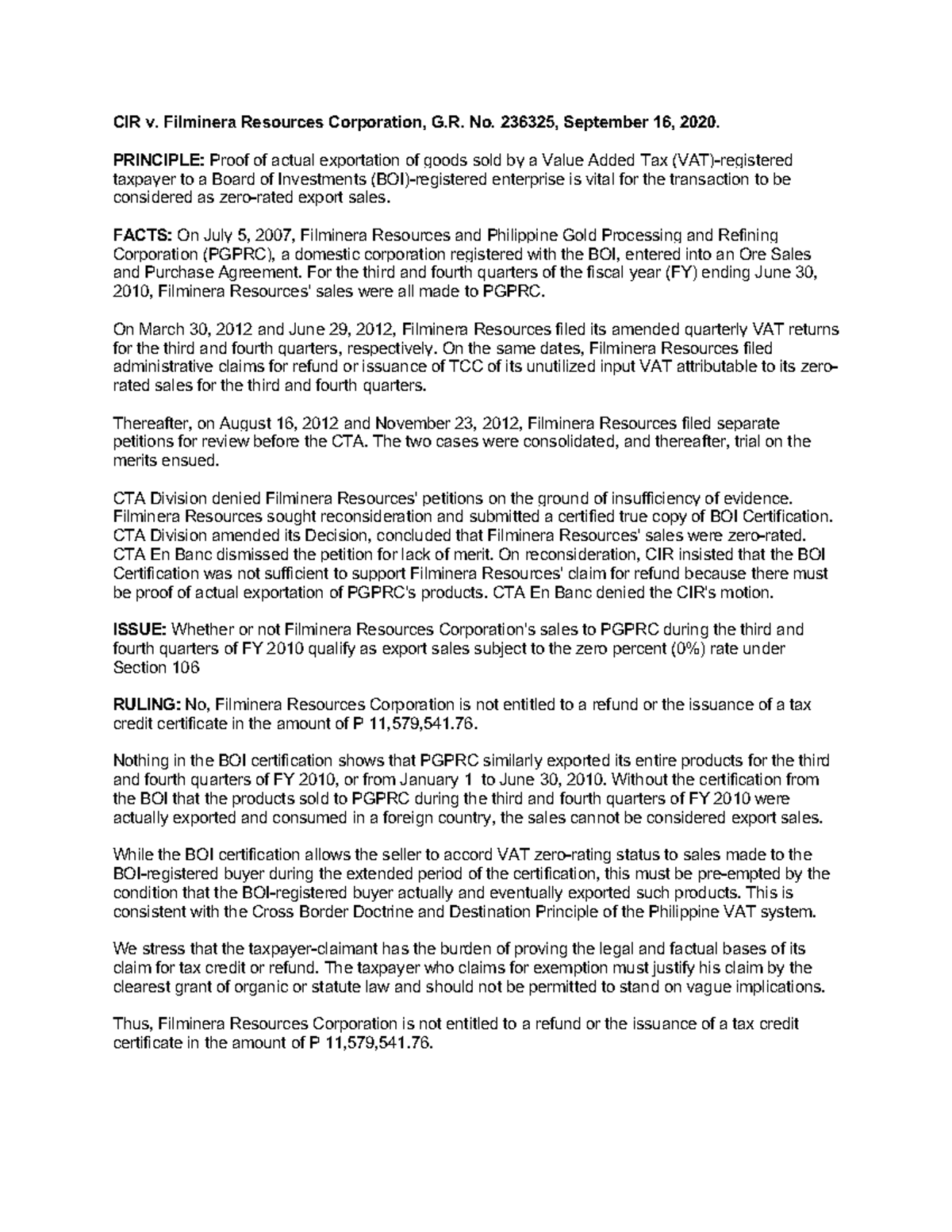 543985089 CIR v Filminera Resources Corporation G R No 236325 September ...