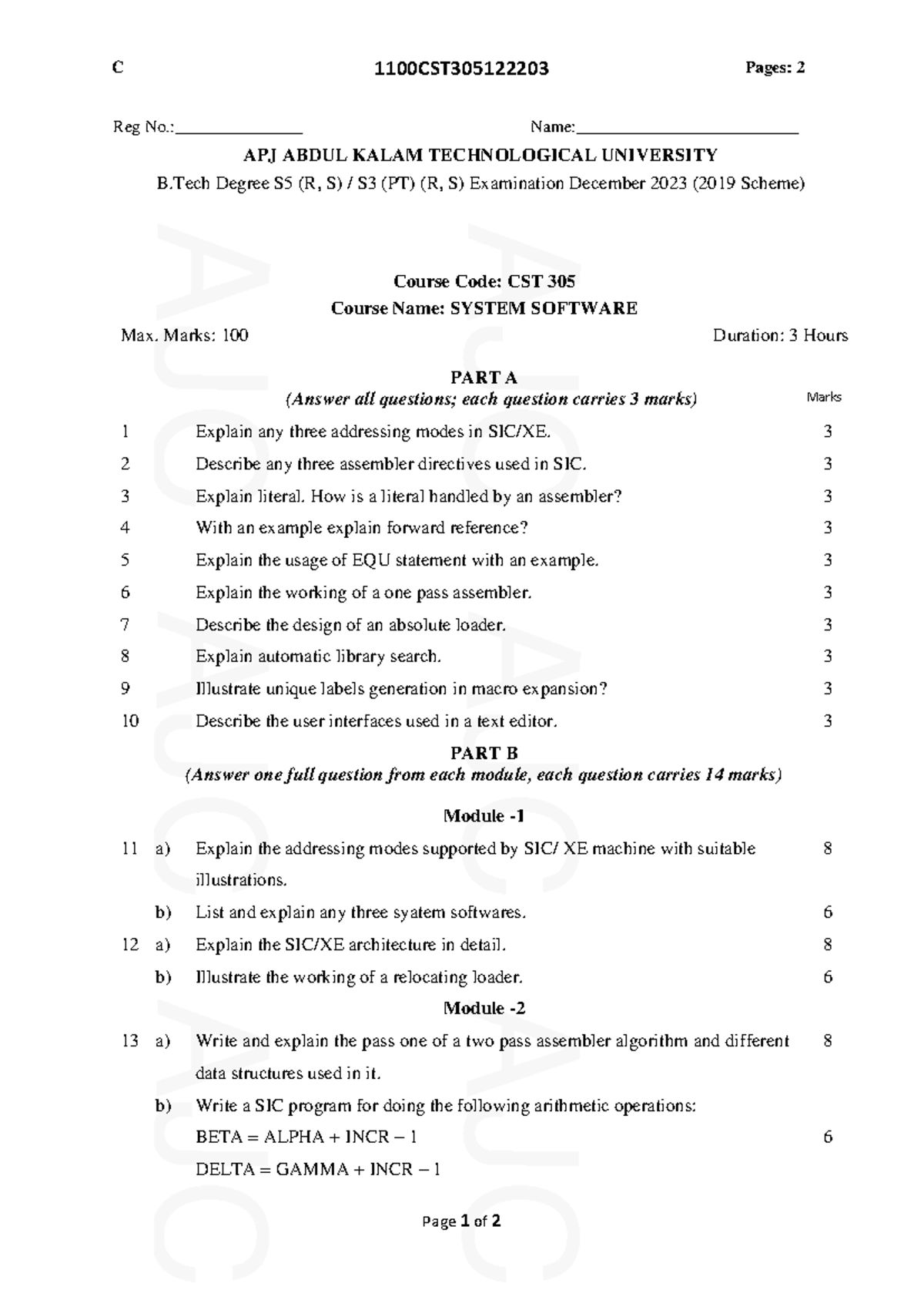2023 Dec. CST305-System software 2019 scheme question paper - 1100CST ...