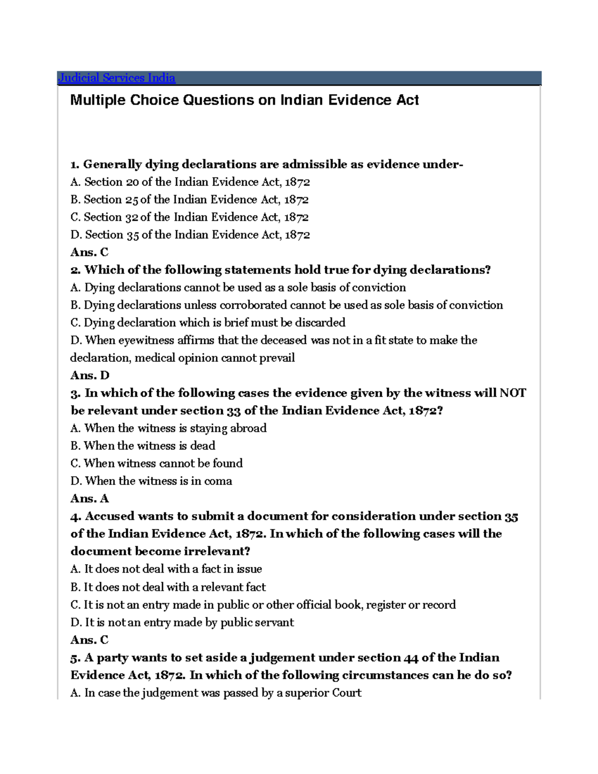 MCQ Evidence Act - Judicial Services India Multiple Choice Questions on ...