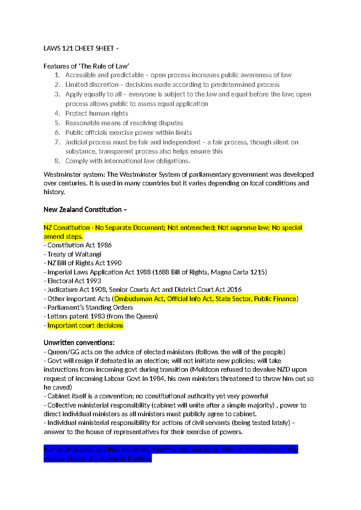 LAWS121 Cheet Sheet - Notes for the final exam - LAWS 121 CHEET SHEET ...