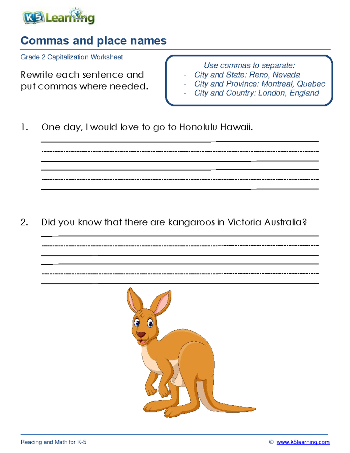 Grade 2 commas place names a - Reading and Math for K-5 © k5learning ...