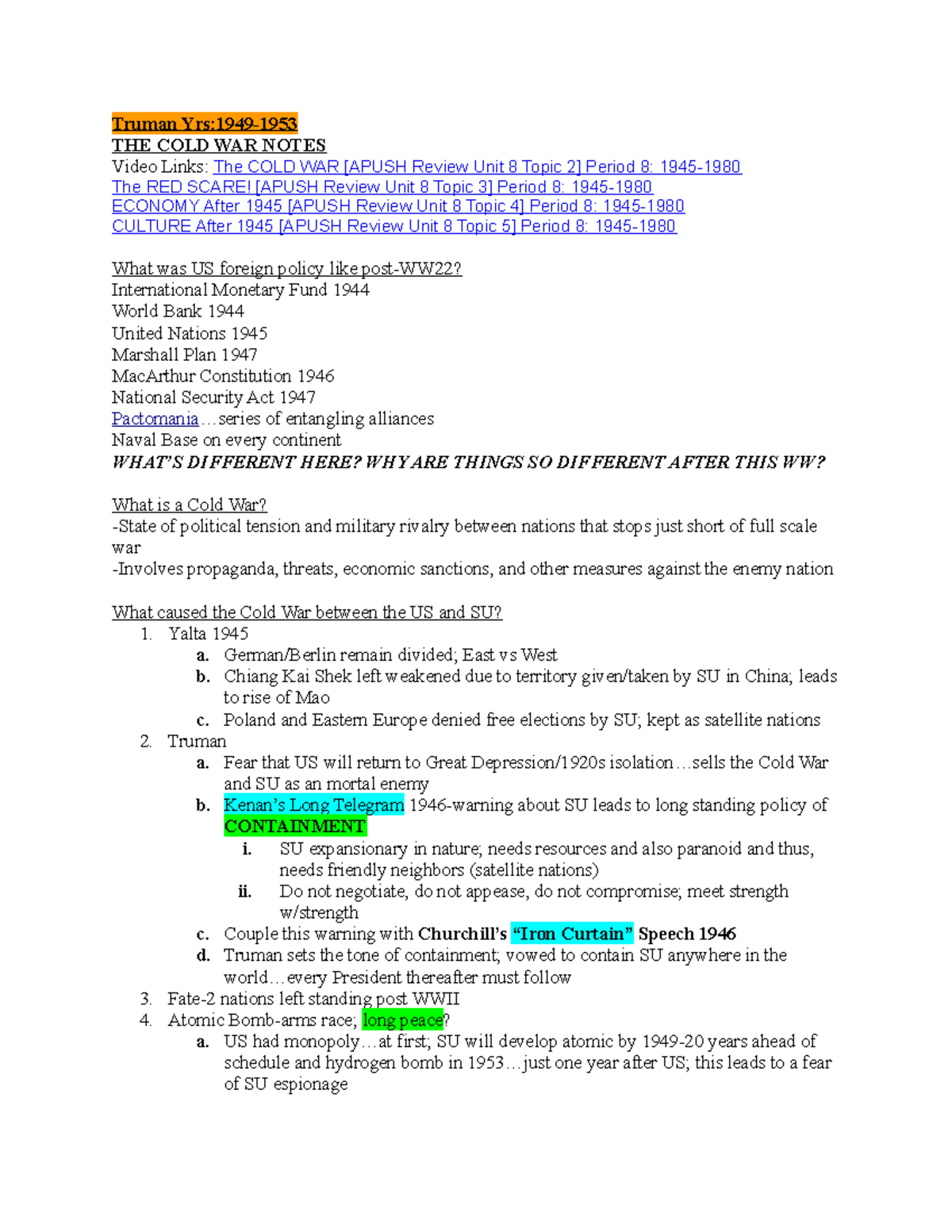 Unit 8 Apush Review - Truman Yrs:1949- THE COLD WAR NOTES Video Links ...