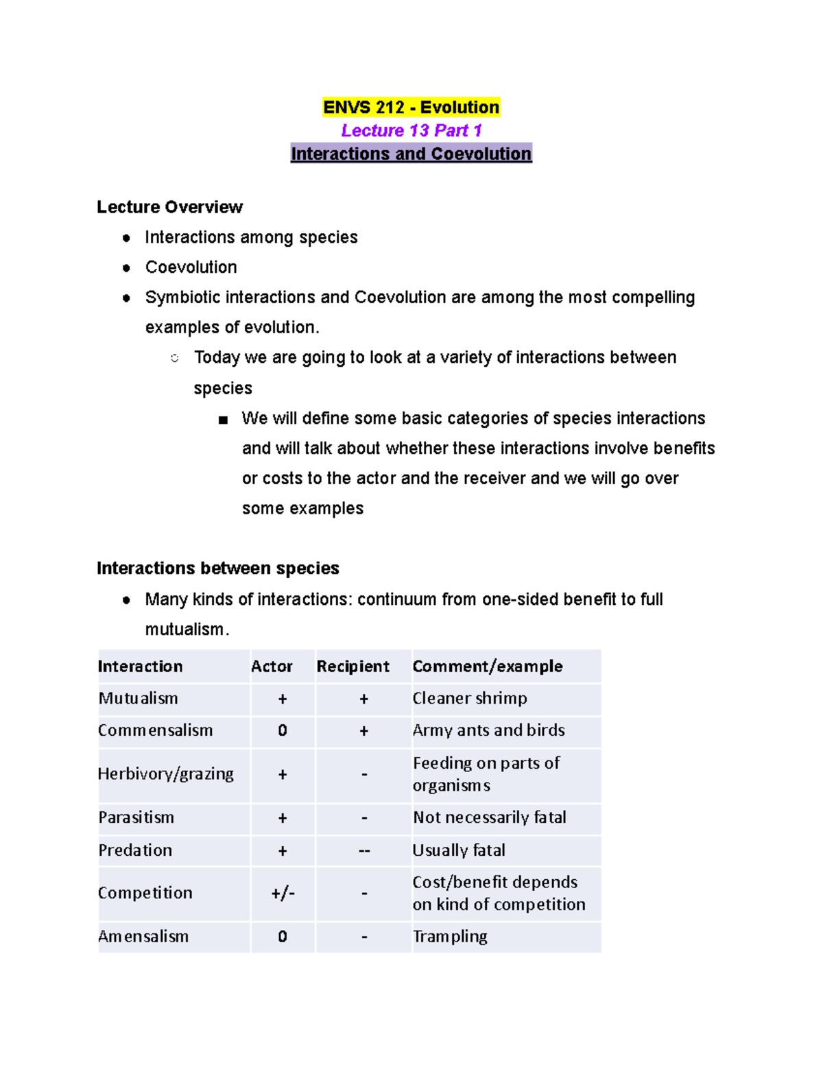 ENVS 212 Lecture 13 Part 1 - Spring 2020 - ENVS 212 - Evolution Lecture 13 Part 1 Interactions ...