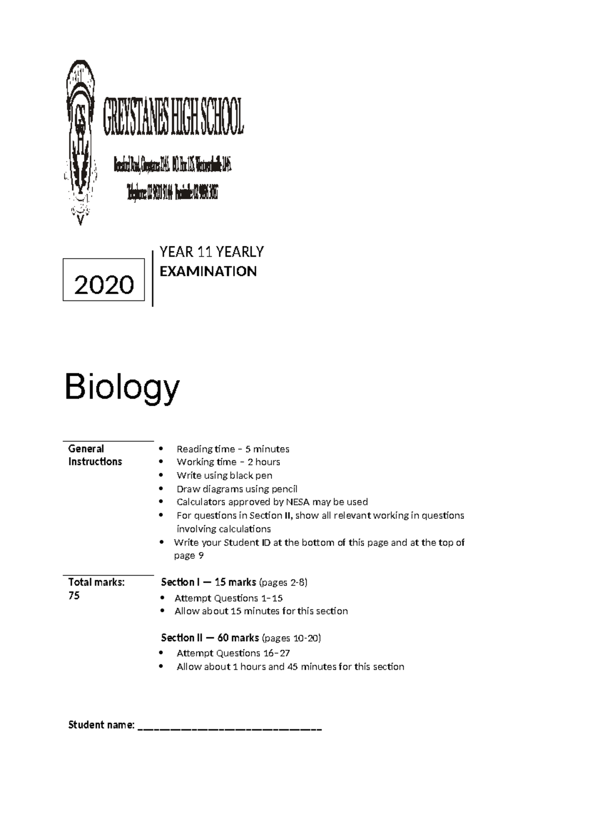 2020 Year 11 Bio Yearly Exam - Biology General Instructions Reading ...