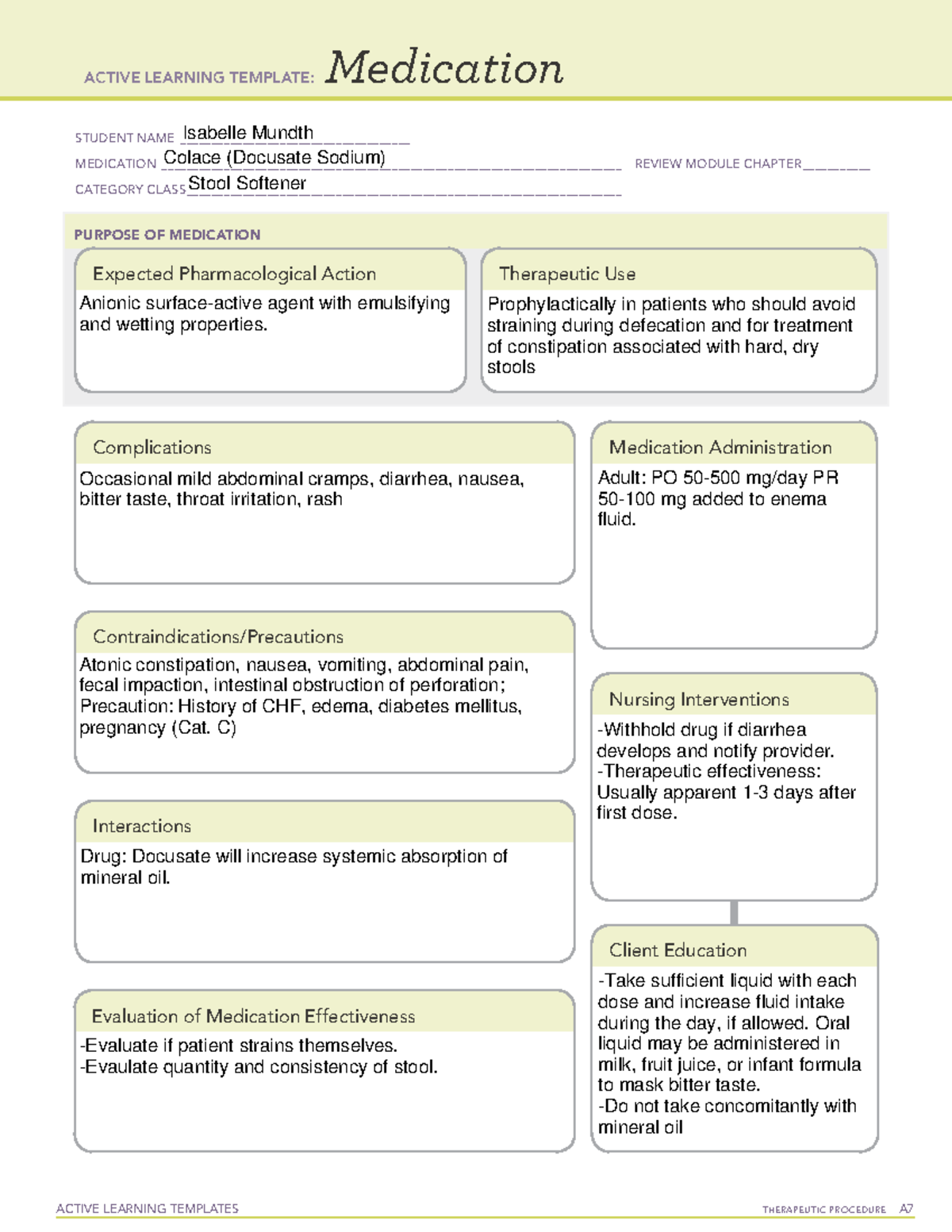 Medication sheet - colace week 2 - ACTIVE LEARNING TEMPLATES ...