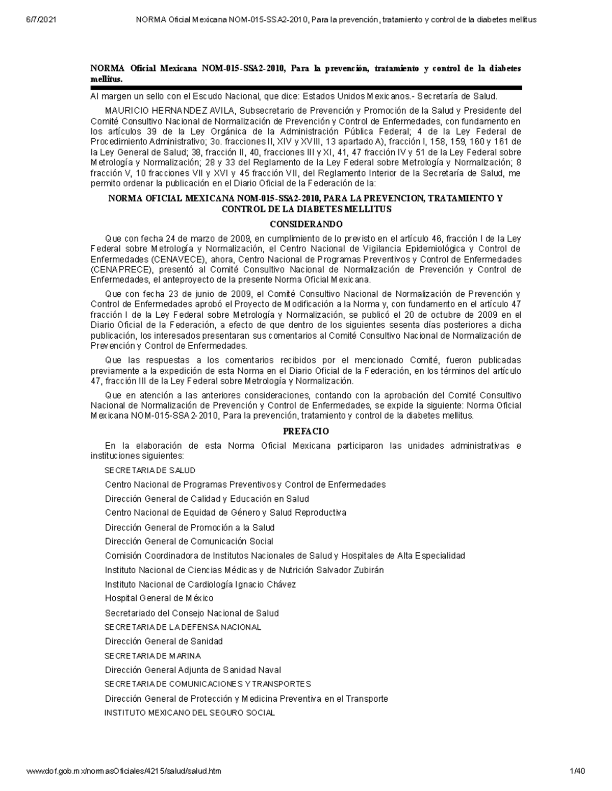 Norma Oficial Mexicana NOM-015-SSA2-2010 , Para la prevención ...