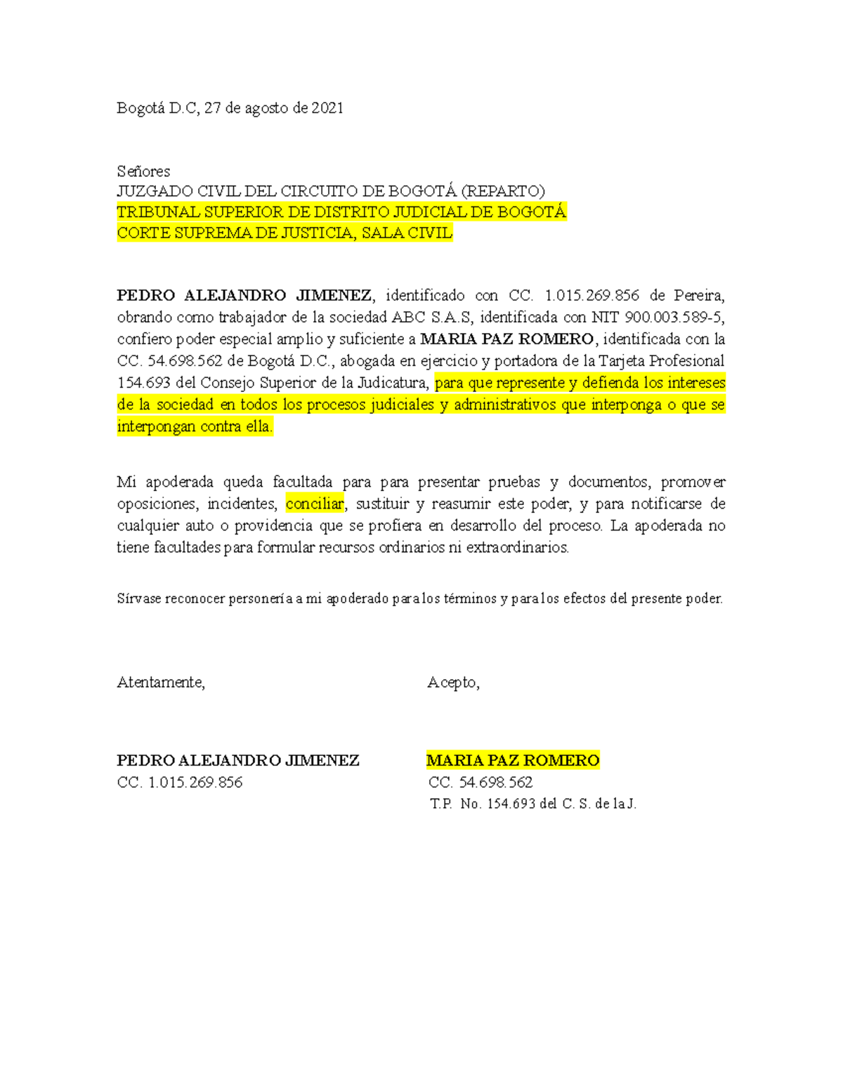 Ejemplo Poder comunidad - Bogotá D, 27 de agosto de 2021 Señores ...