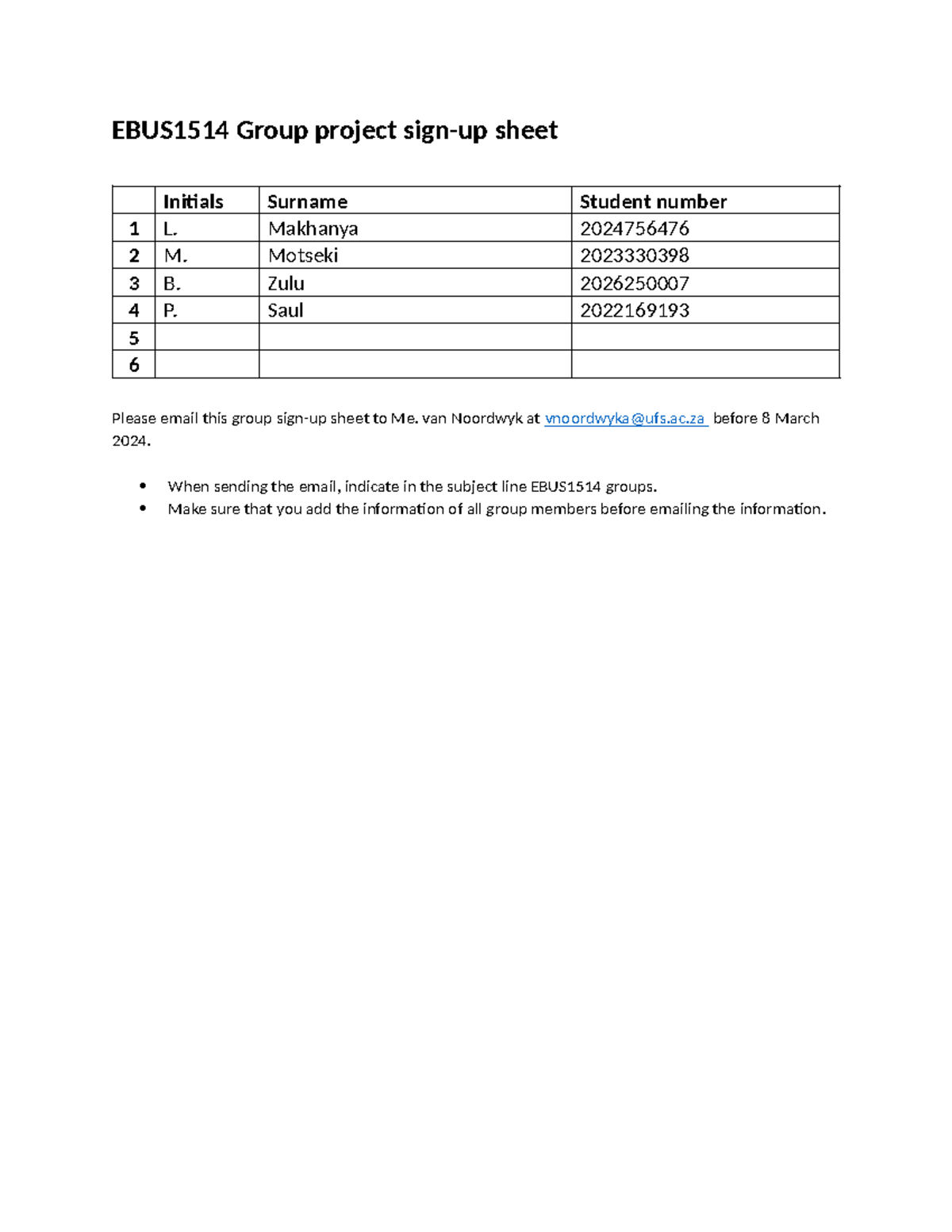 EBUS1514 - Group project sign-up sheet (1) - EBUS 1514 - EBUS1514 Group ...