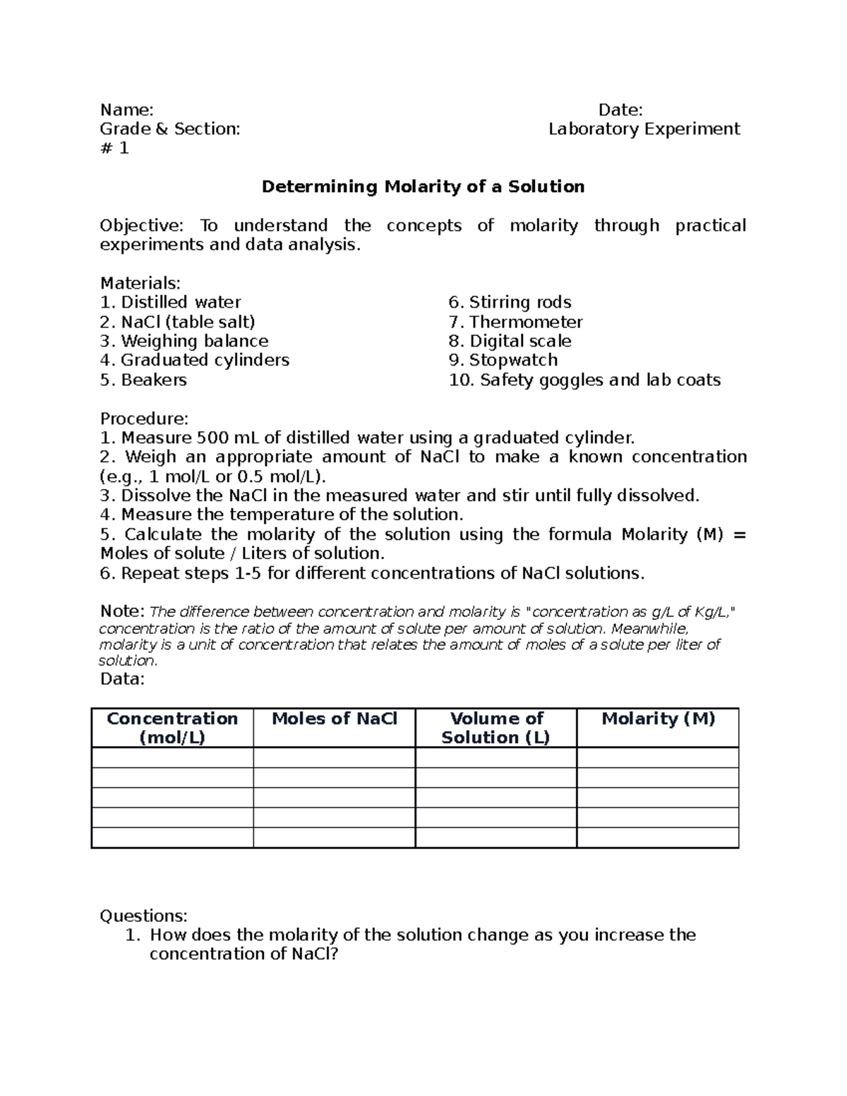 Laboratory Experiment - Materials: 1. Distilled water 2. NaCl (table ...