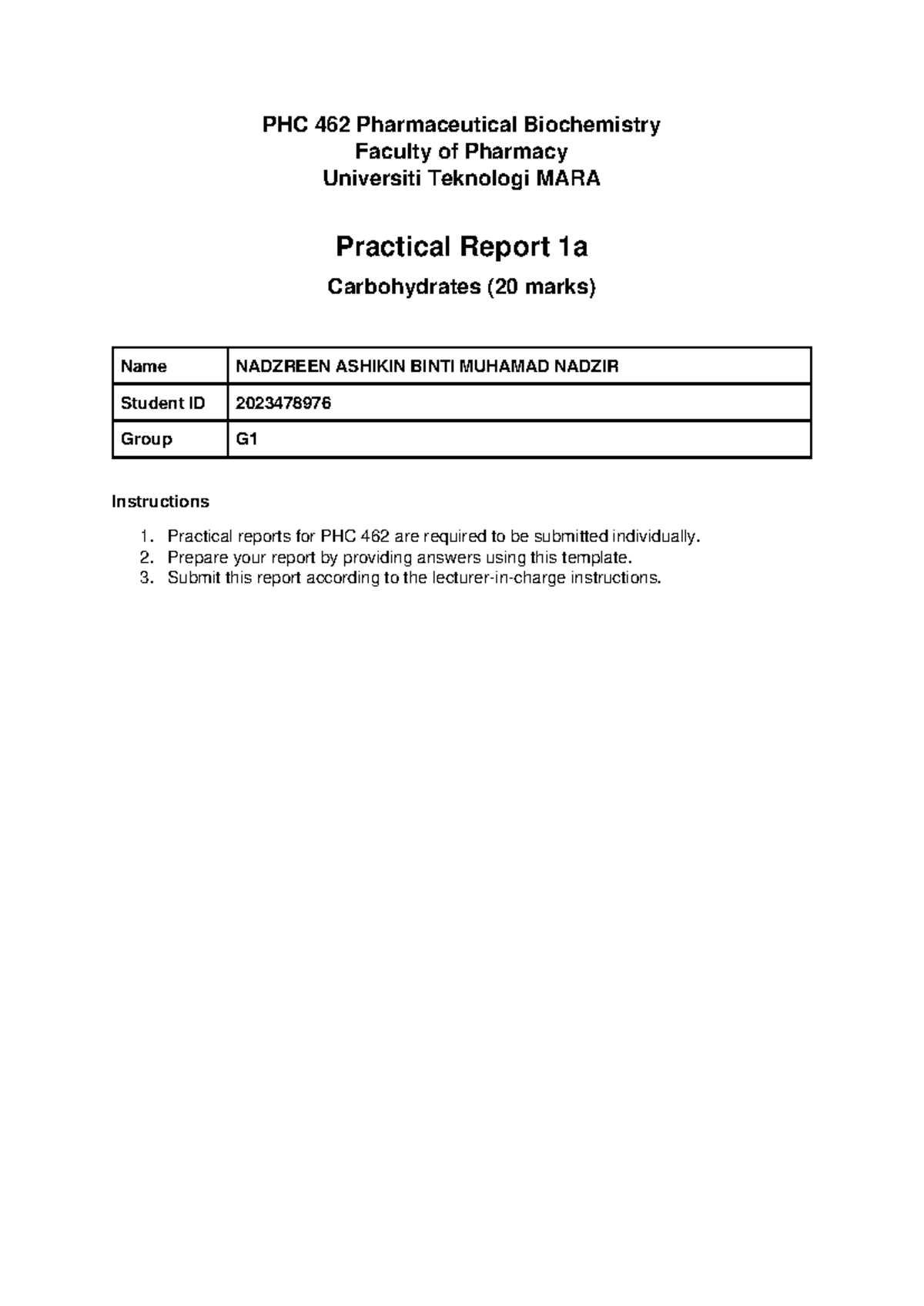 LAB Report Practical 1a PHC462 - PHC 462 Pharmaceutical Biochemistry ...