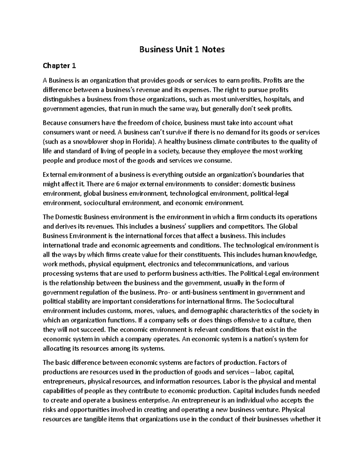 Unit 1 Notes - Summaries of first chapter in Business Essentials ...