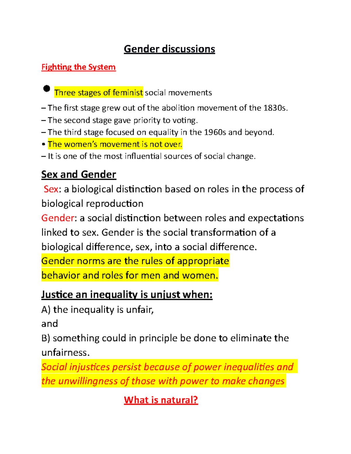 Sociology 9 - Chap2: Notes on Gender, Feminism, and gender inequality ...