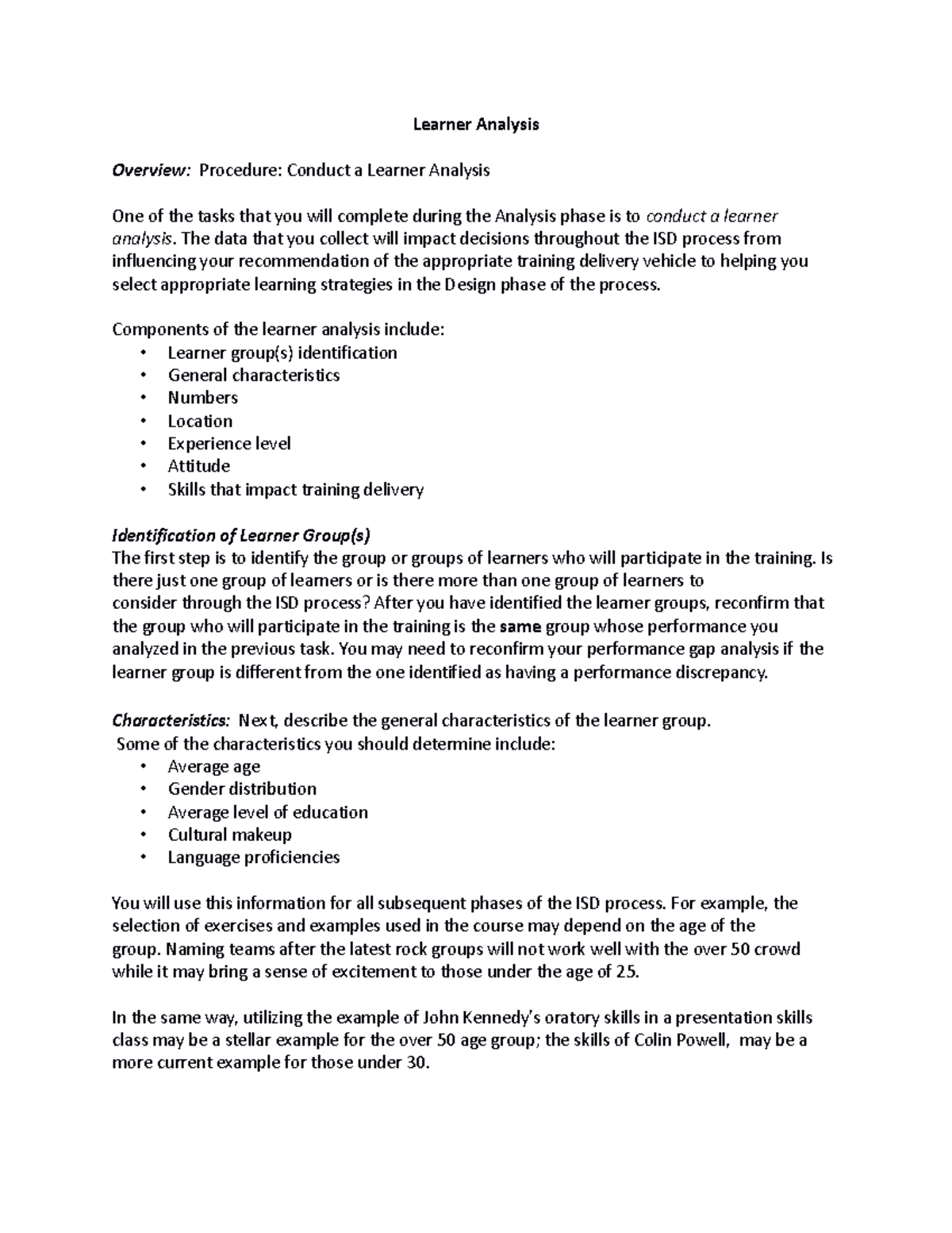 Learner Analysisnotes - Learner Analysis Overview: Procedure: Conduct a ...