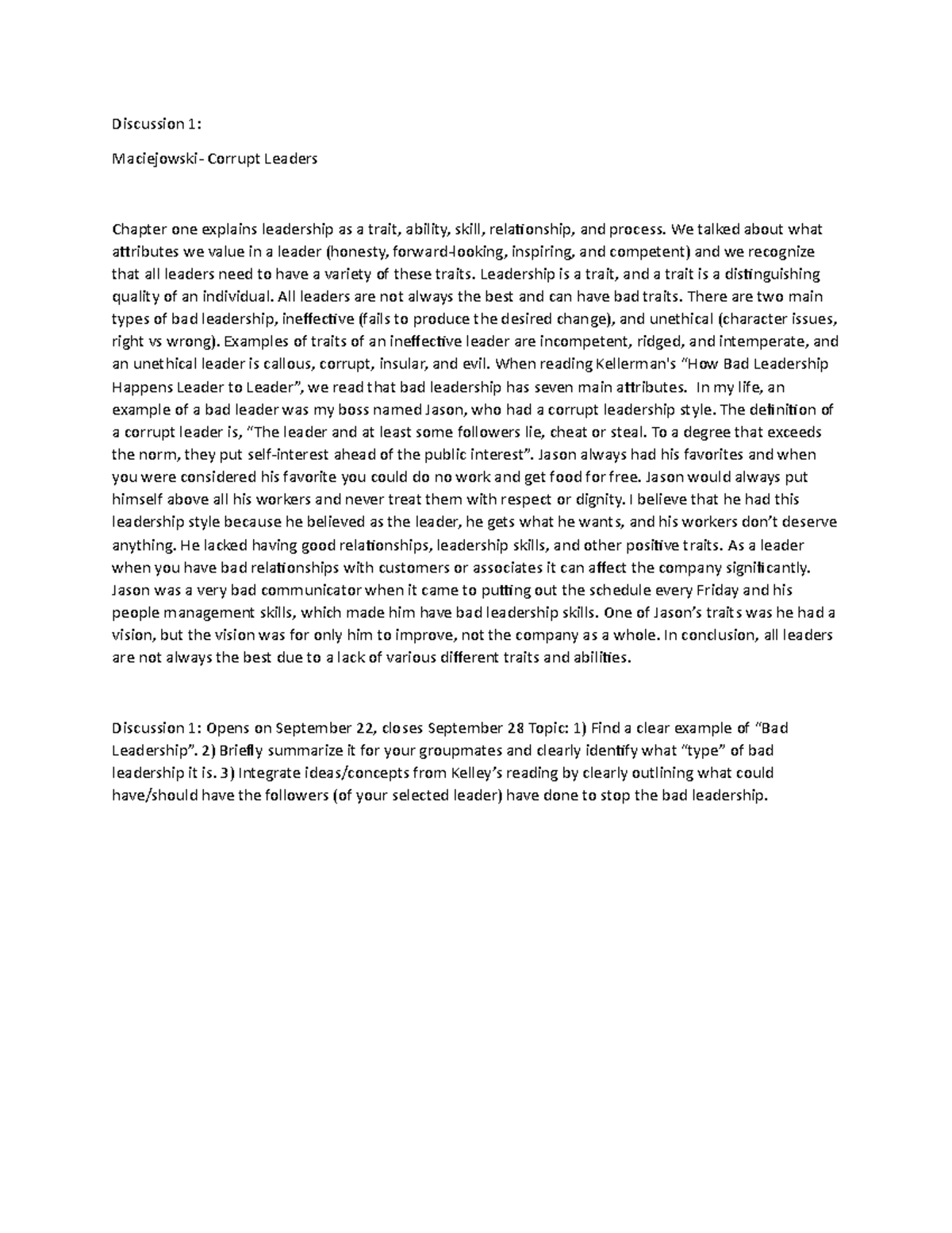 Discussion 1 Leadership notes - Discussion 1: Maciejowski- Corrupt ...
