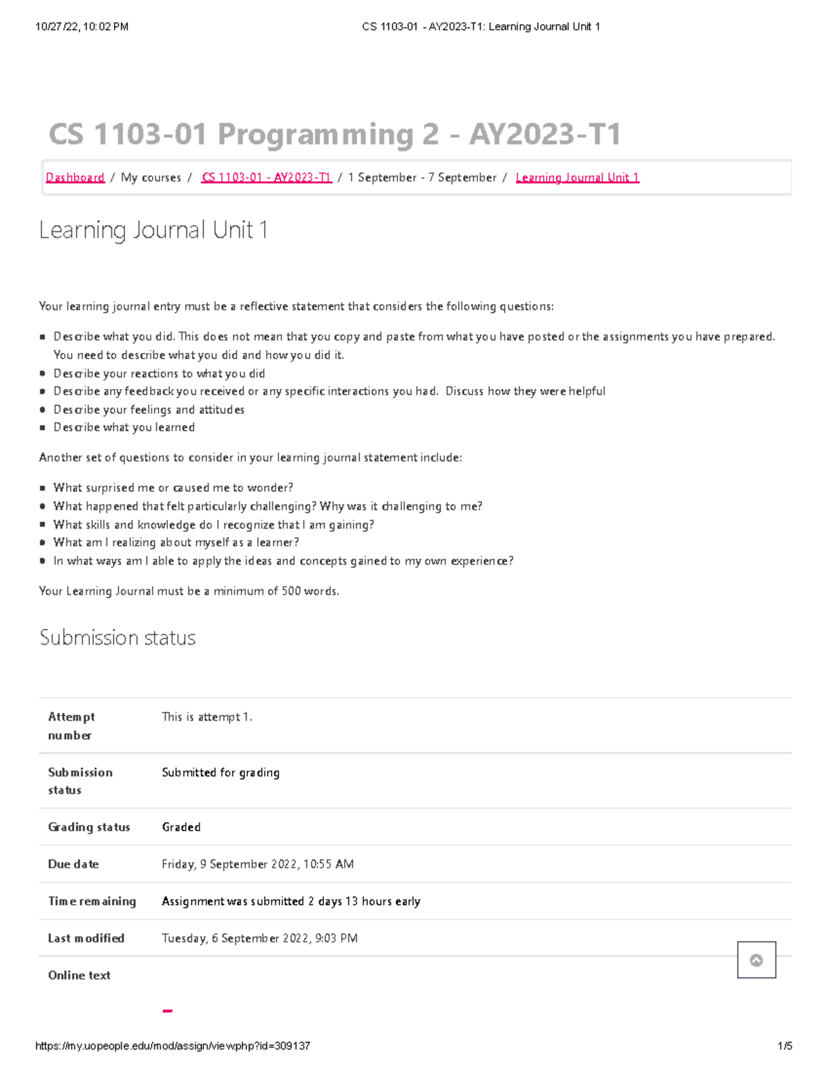 CS 1103-01 - AY2023-T1 Learning Journal Unit 1 - CS 1103-01 Programming 2 - AY2023-T Learning ...