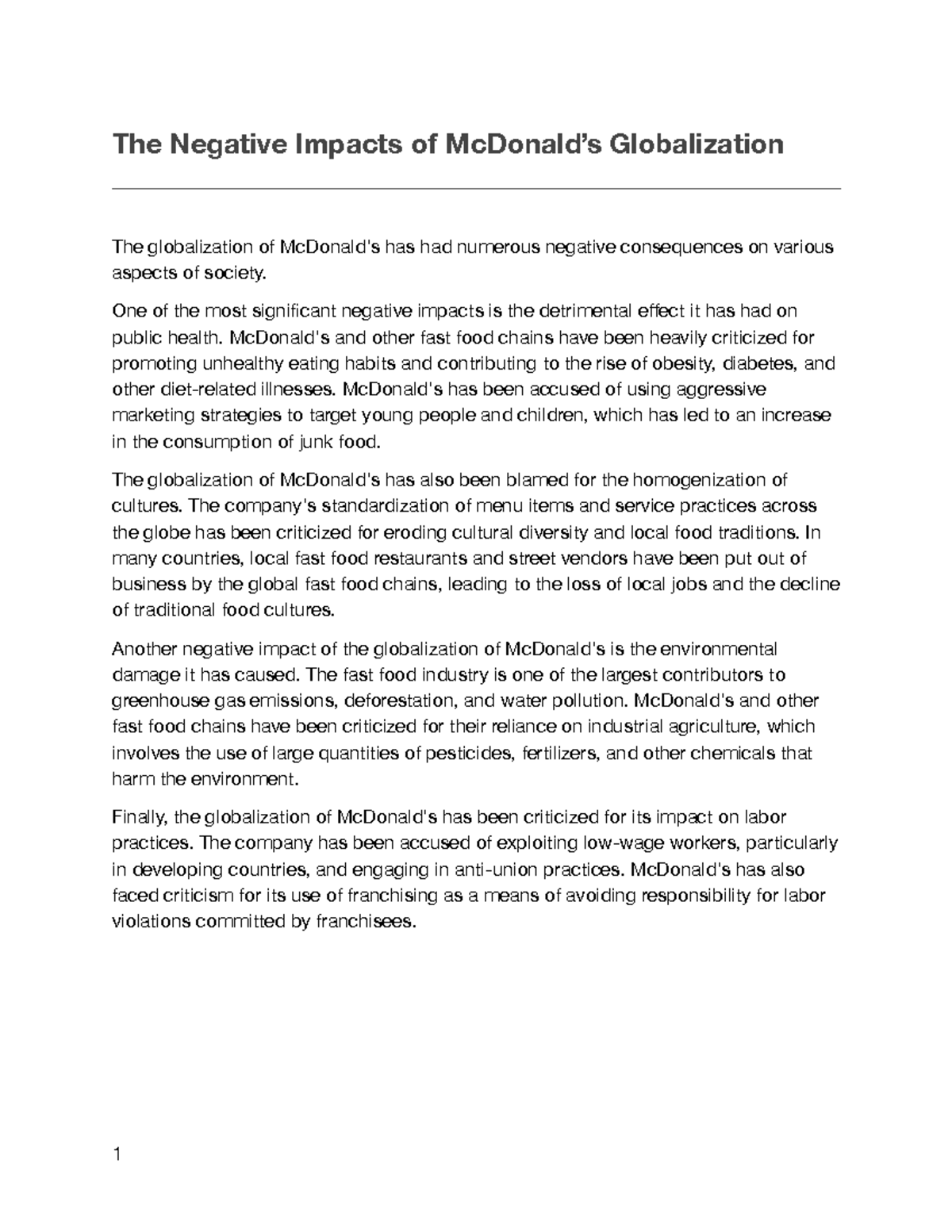 The Negative Impacts of Mc Donald’s Globalization - The Negative ...