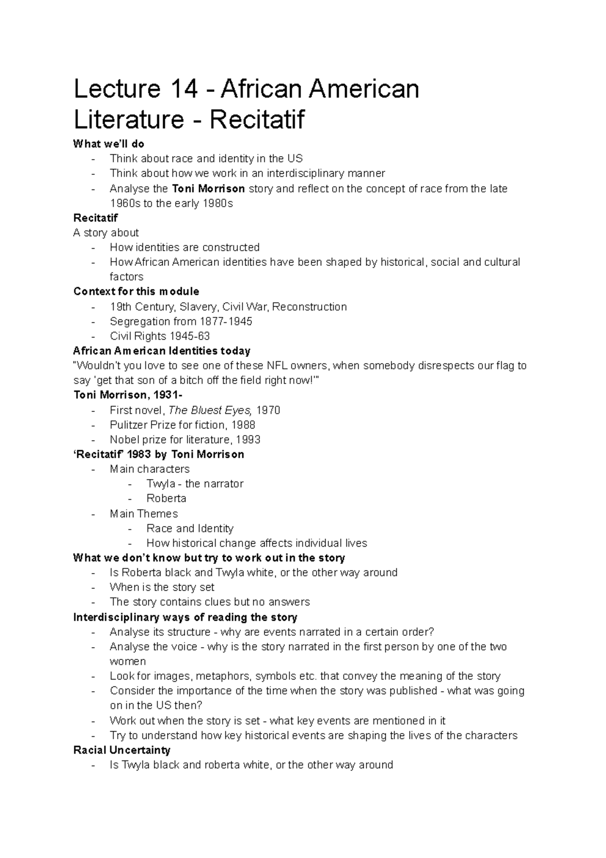 Lecture 14 - African American Literature - Recitatif - that convey the ...