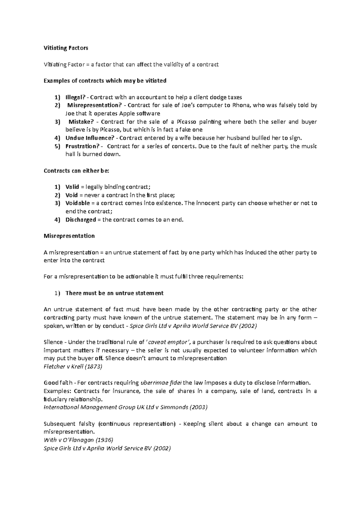 Vitiating Factors - Contract Law notes semester 1 - Viiaing Factors ...