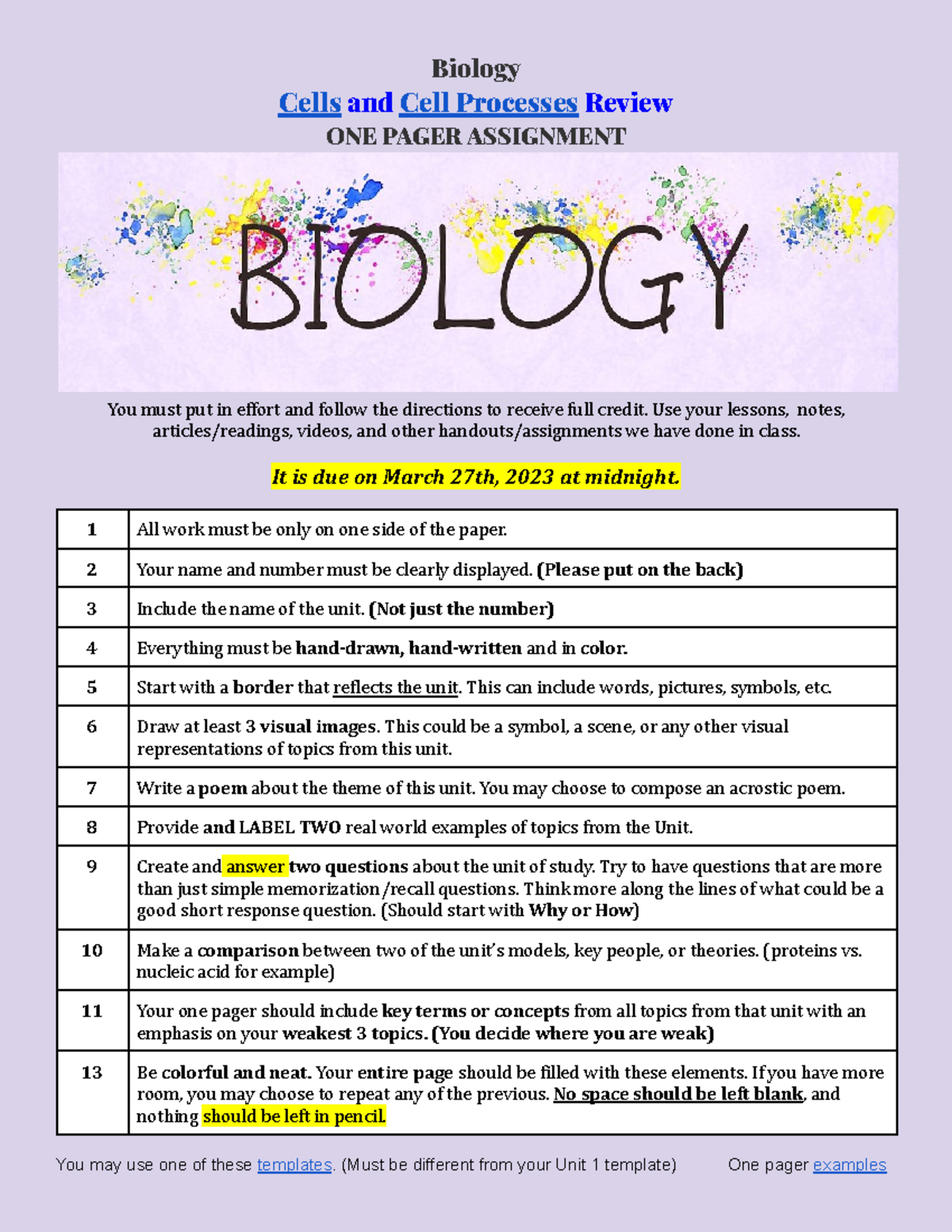 Copy of One Pager Cells and Cell Processes - Biology Cells and Cell ...