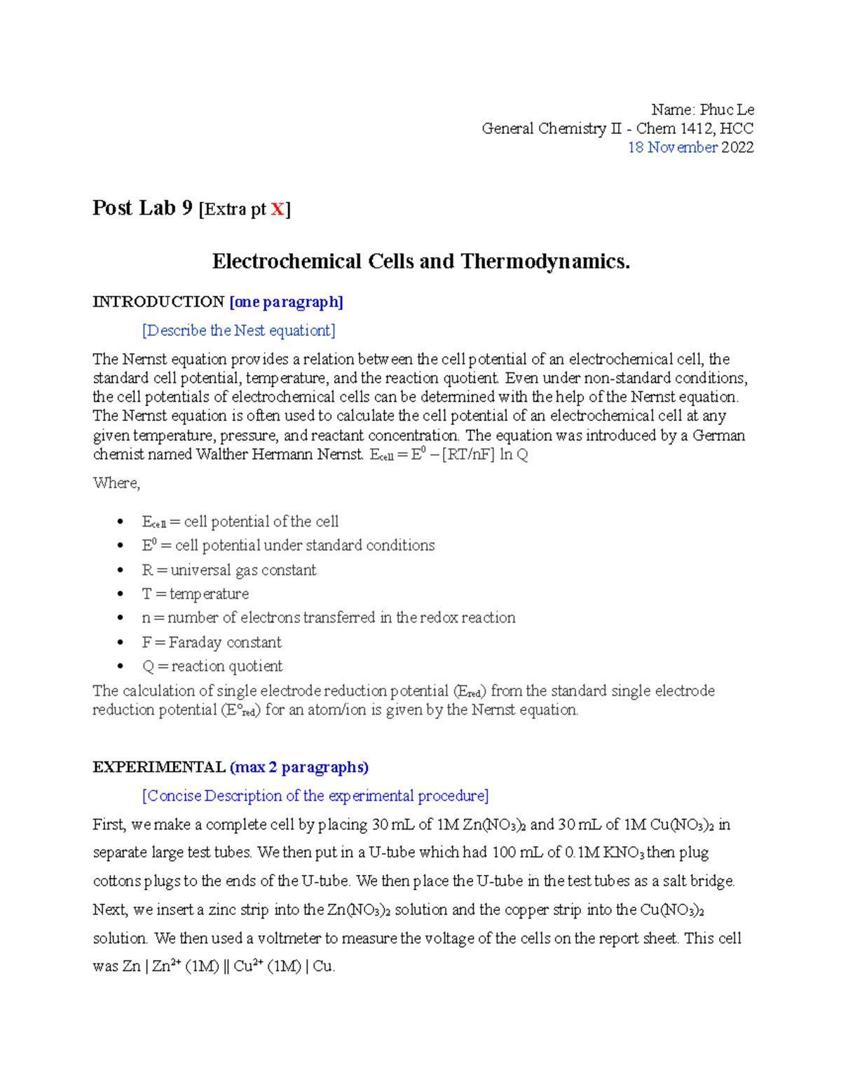 Experiment 9 Electrochemical Cells and Thermodynamics CHEM 1412 - Name ...