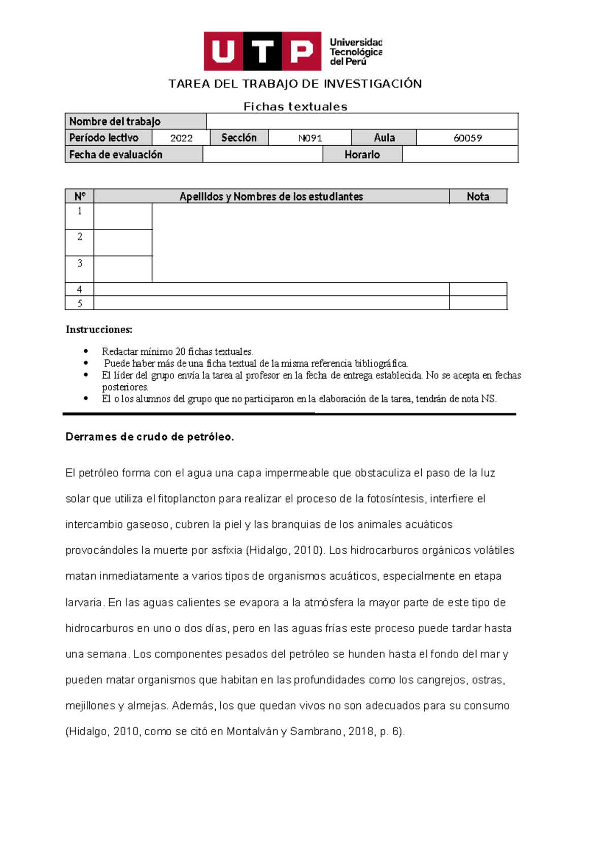 Formato de entrega de tarea de fichas textuales - TAREA DEL TRABAJO DE ...