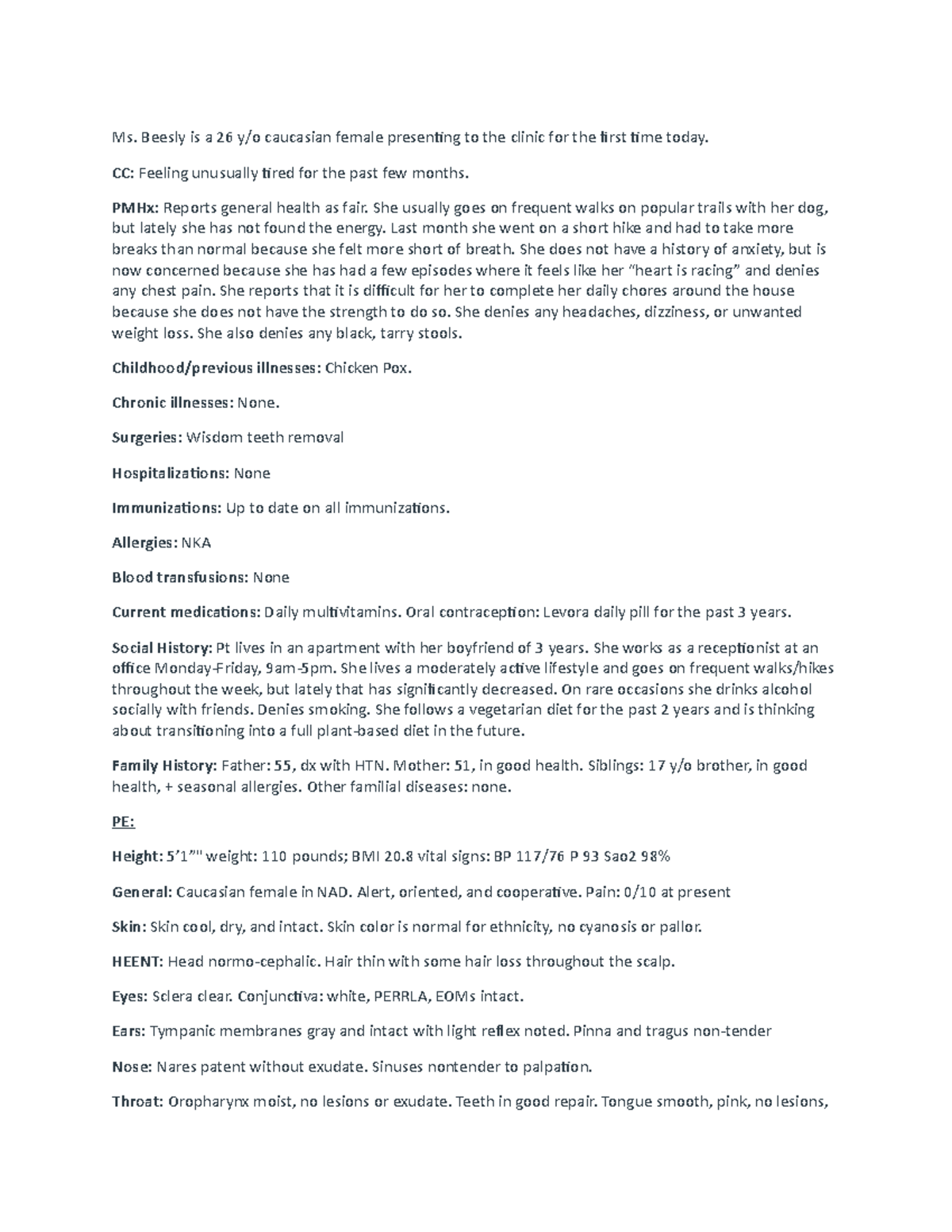 Wk 5 Case Study IDA - Ms. Beesly is a 26 y/o caucasian female ...
