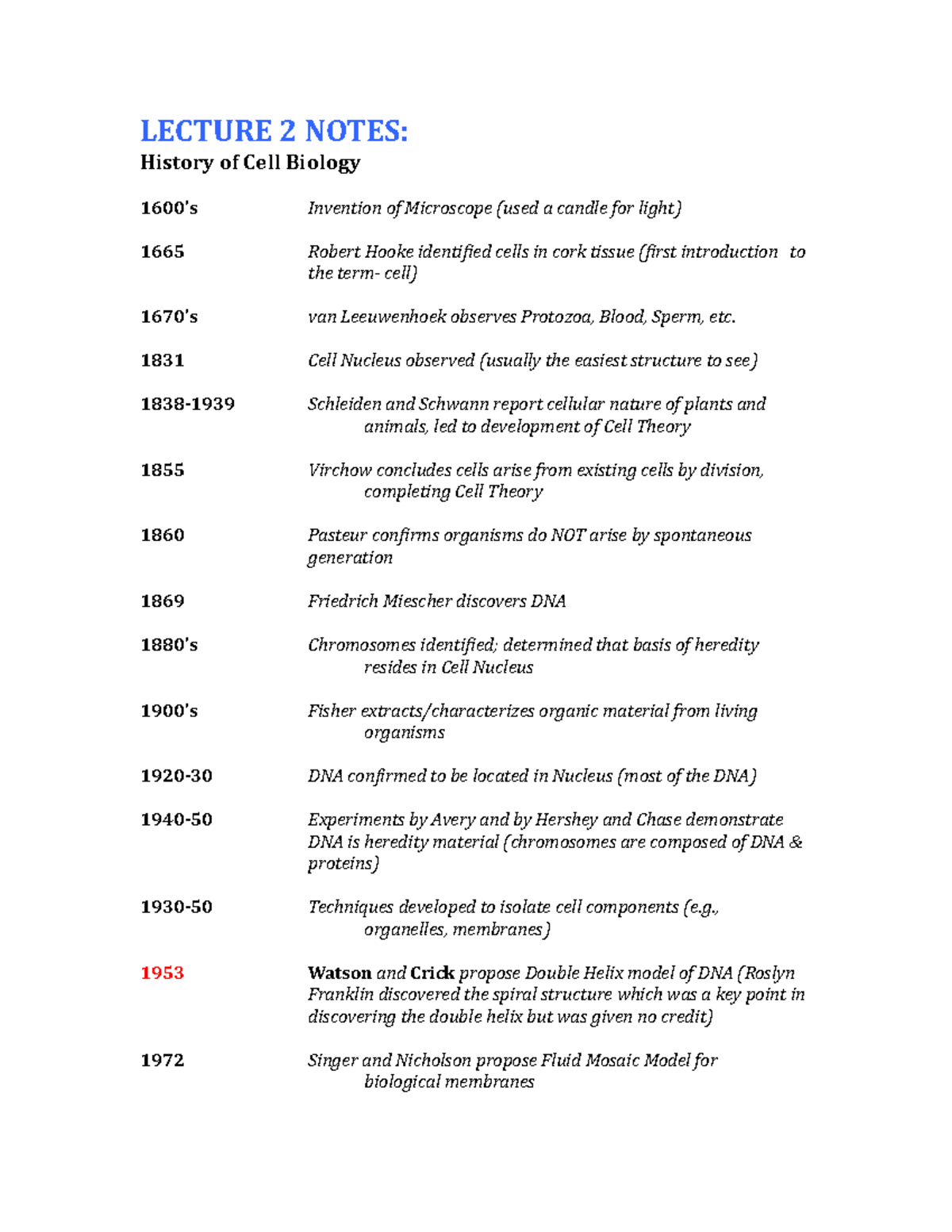 Lecture 2 Notes - LECTURE 2 NOTES: History of Cell Biology 1600's ...