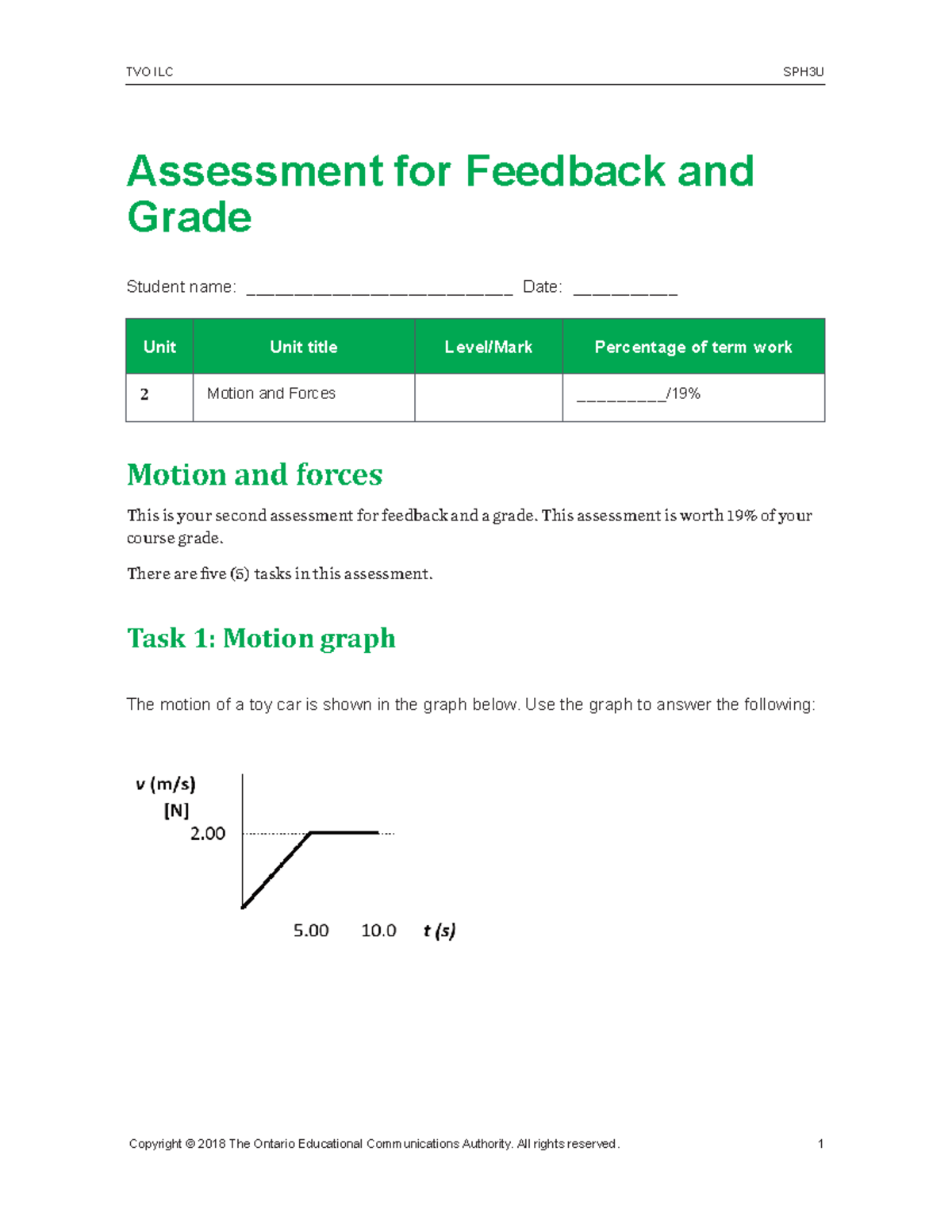 SPH3U Assignment 2 - Unit 2 - Motion and Forces - Assessment for ...
