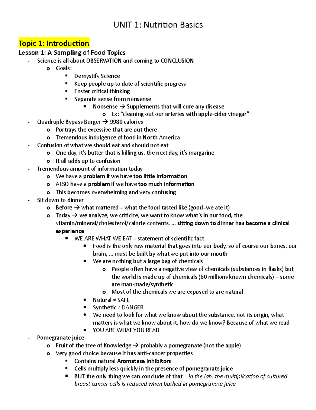 UNIT 1 - Topics 1-2-3 - UNIT 1: Nutrition Basics Topic 1: Introduction ...