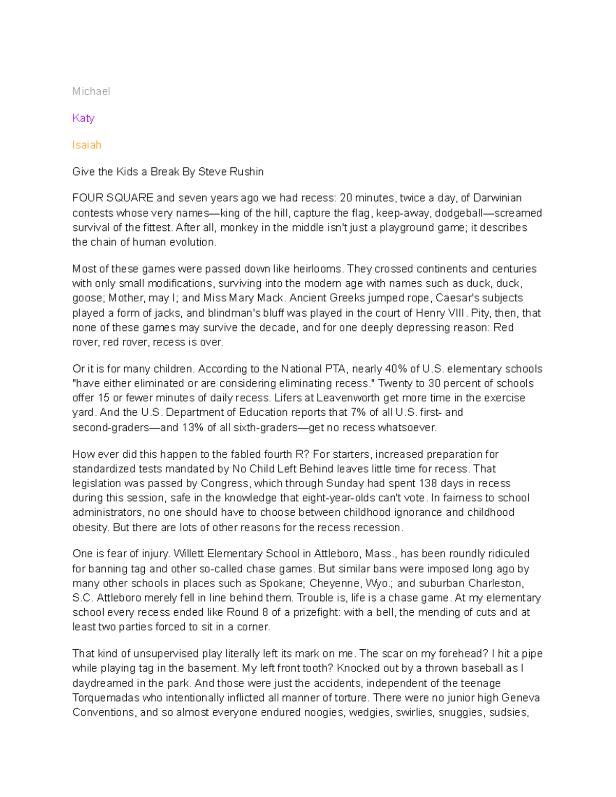 Copy of Give the Kids a Break By Steve Rushin - Michael Katy Isaiah ...