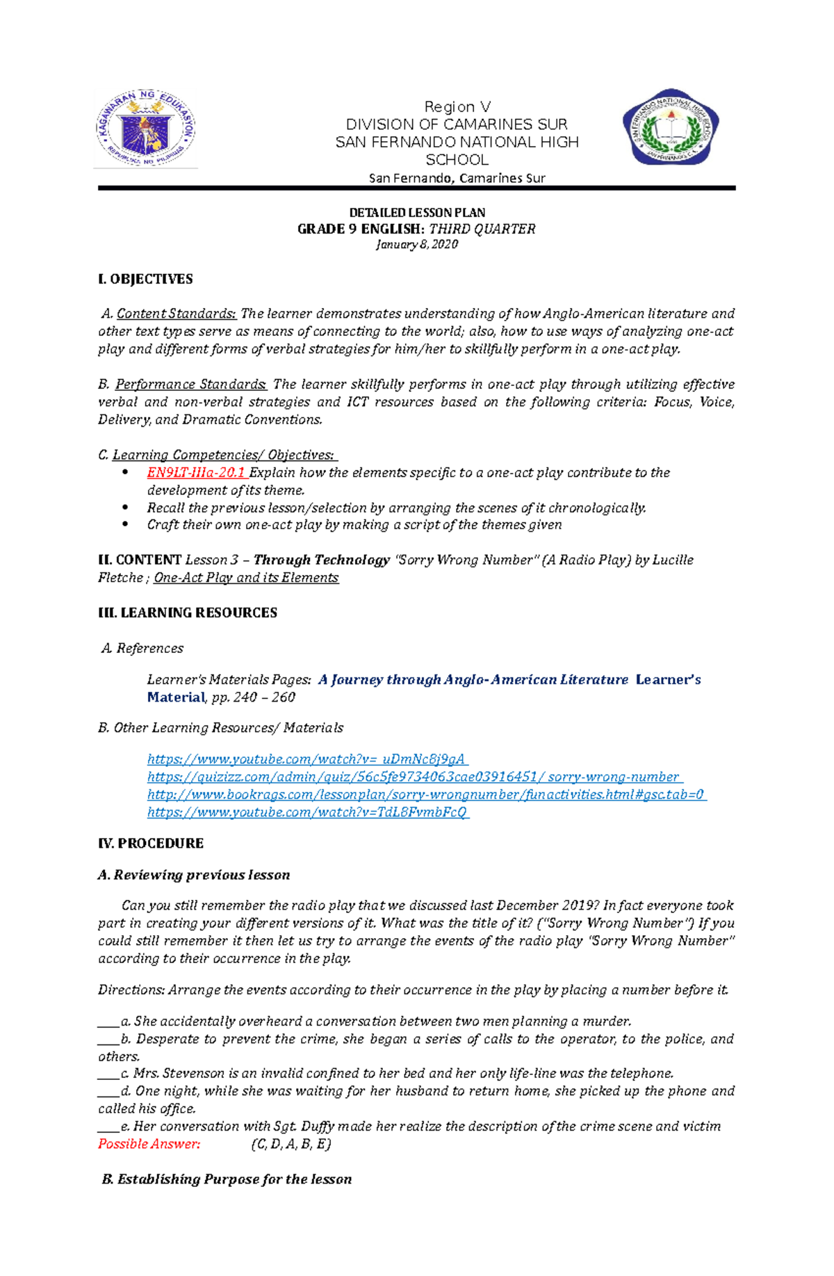 DLP COT - Role play - Region V DIVISION OF CAMARINES SUR SAN FERNANDO ...
