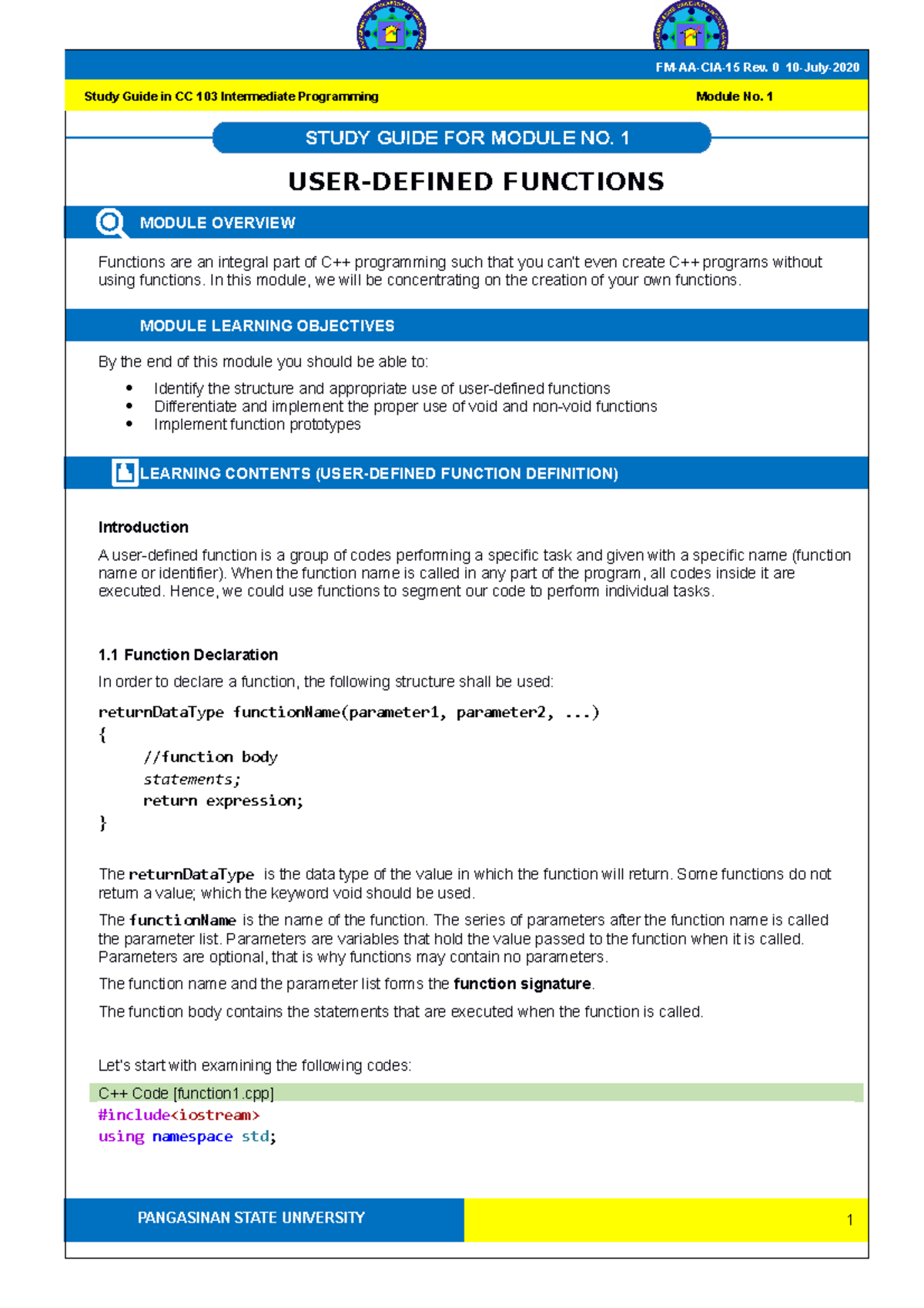 CC103-MOD1 - PANGASINAN STATE UNIVERSITY Study Guide in CC 103 Intermediate Programming Module ...