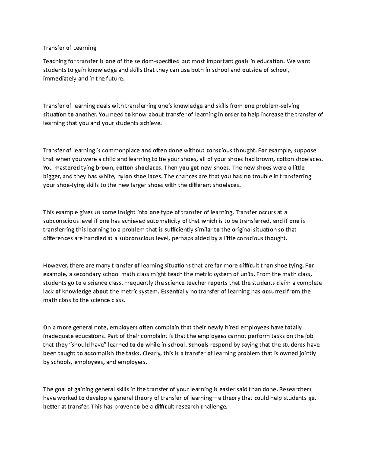 Document - Click to see... - Transfer of Learning Teaching for transfer ...