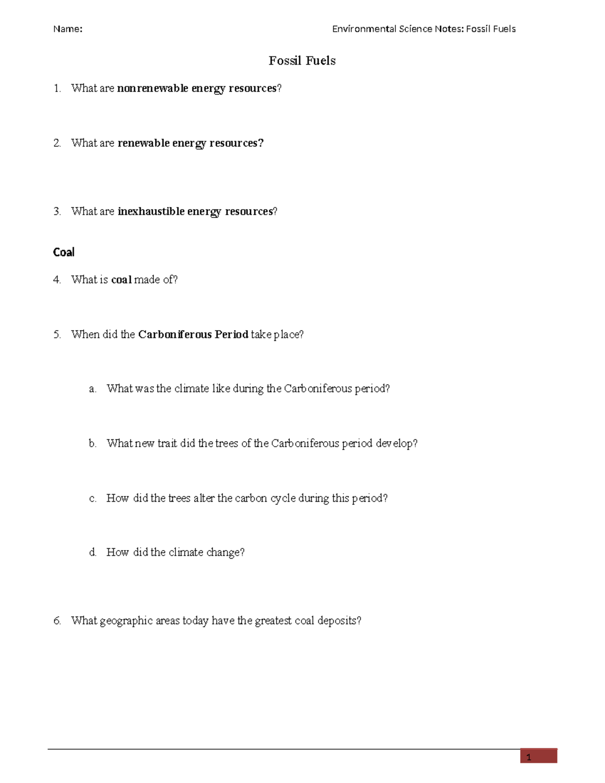 Fossil Fuels Notes Outline - Fossil Fuels 1. What are nonrenewable ...