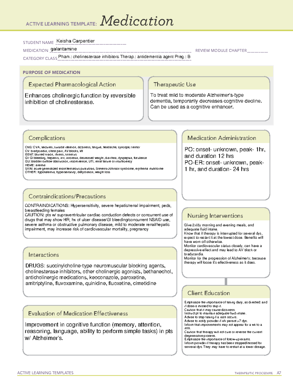 Galantamine ATI Med Card ACTIVE LEARNING TEMPLATES
