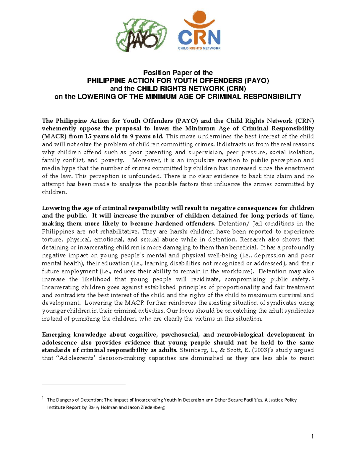 Position Paper on Lowering the Age of Criminal Responsibility ...