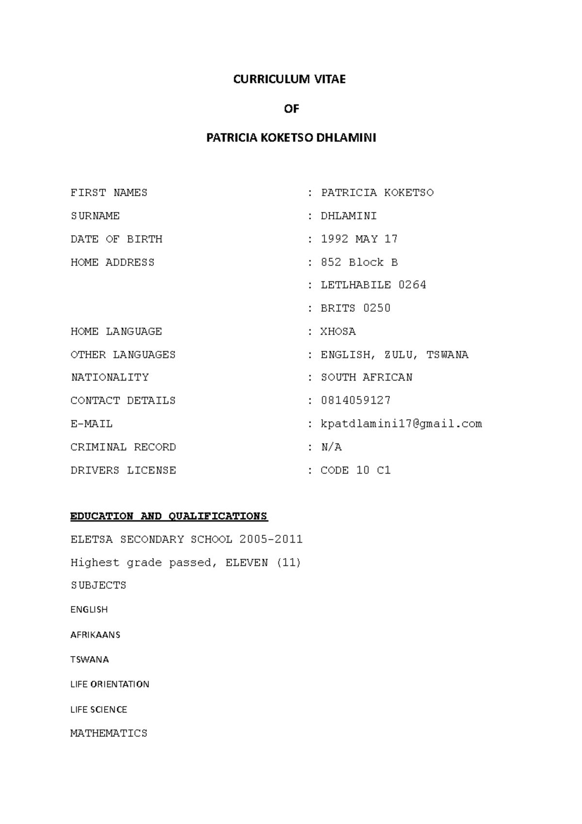 KP Dhlamini 20231 (1) - CURRICULUM VITAE OF PATRICIA KOKETSO DHLAMINI ...