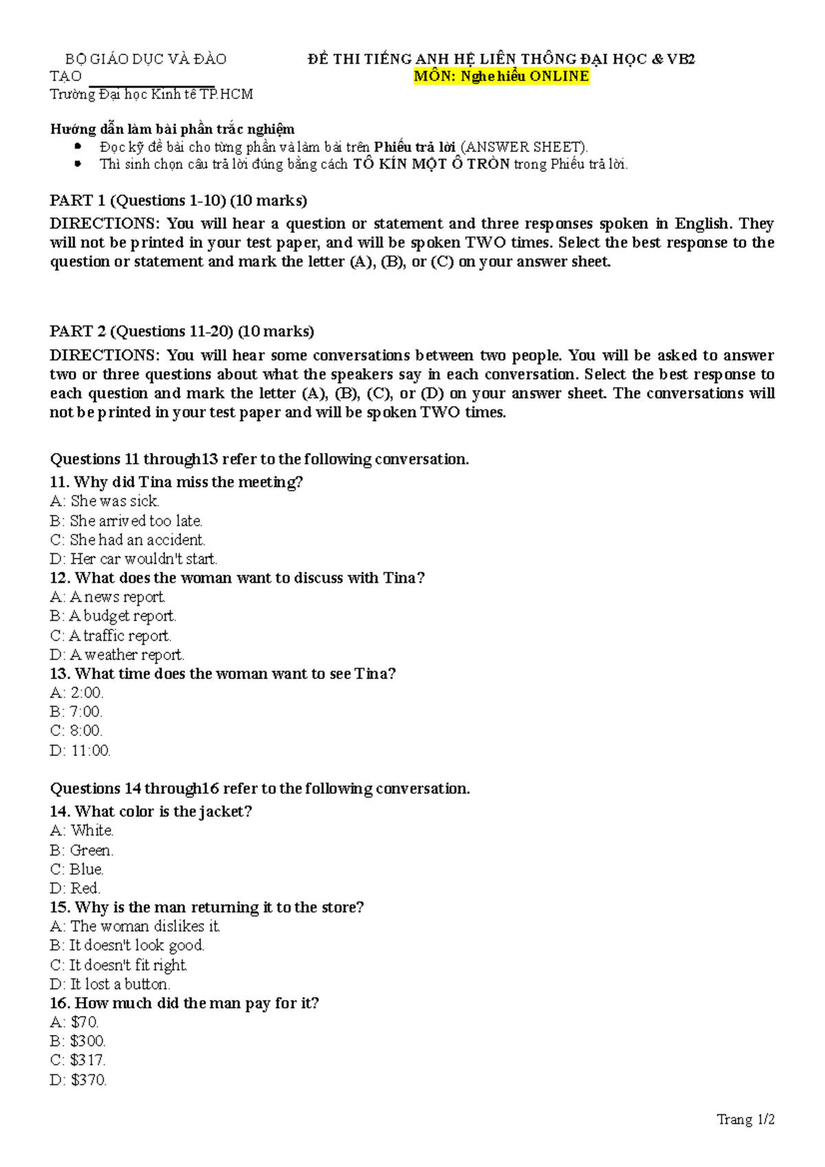 AVDR March 2022 Lis - Tiếng Anh HP1 Trường Đại học Kinh tế Thành phố Hồ Chí Minh - BỘ GIÁO DỤC ...