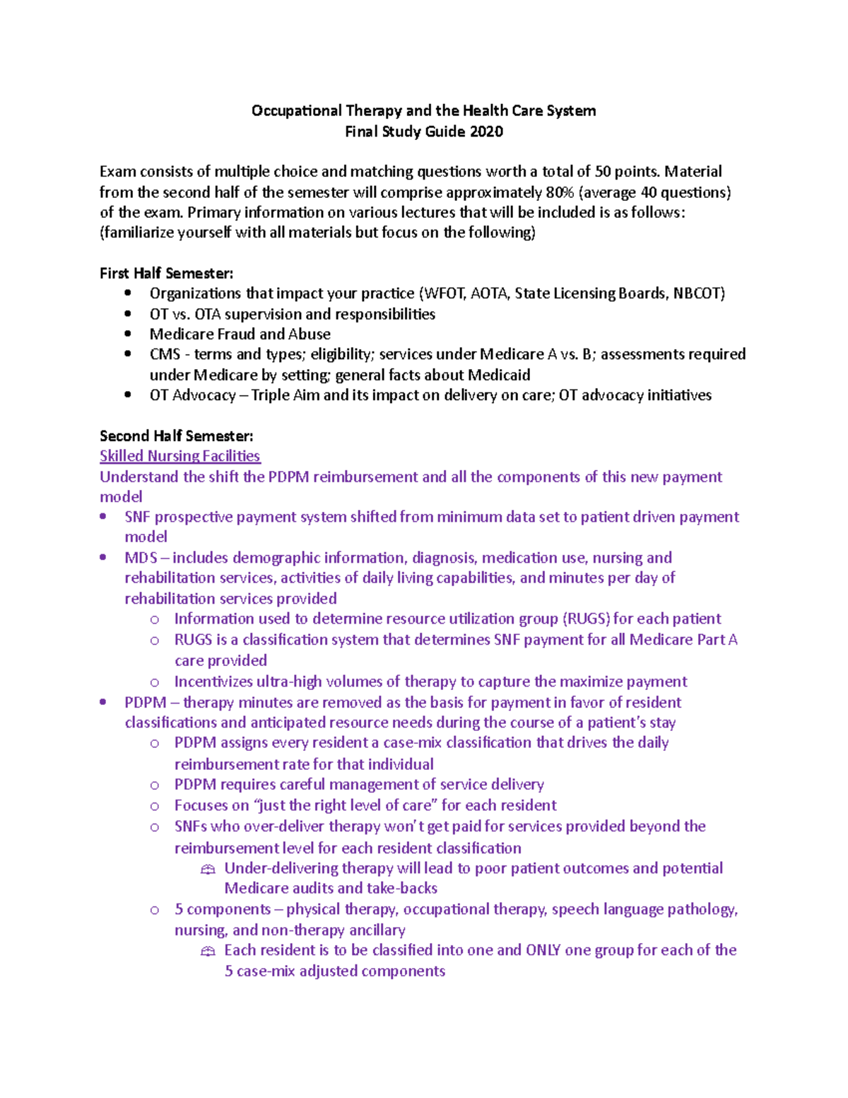Final study guide OT Health Systems - Occupational Therapy and the ...