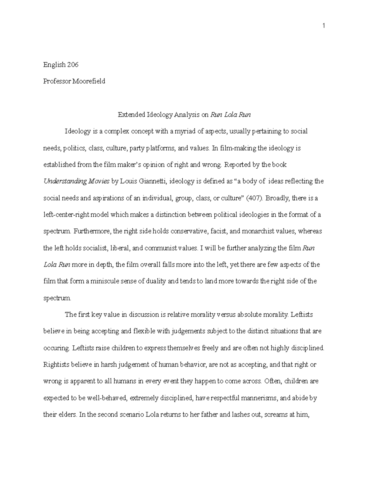 Research Paper - English 206 Professor Moorefield Extended Ideology ...