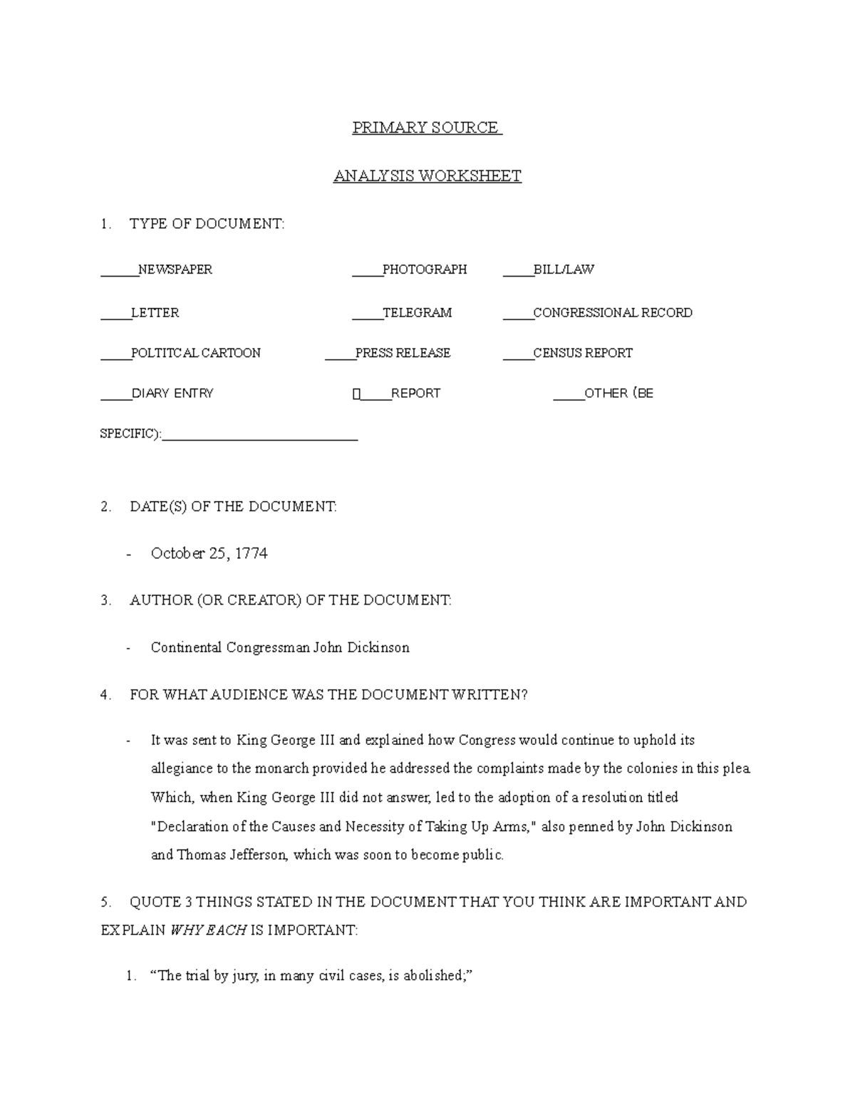 Primary Source Assignment #1 - PRIMARY SOURCE ANALYSIS WORKSHEET 1 ...