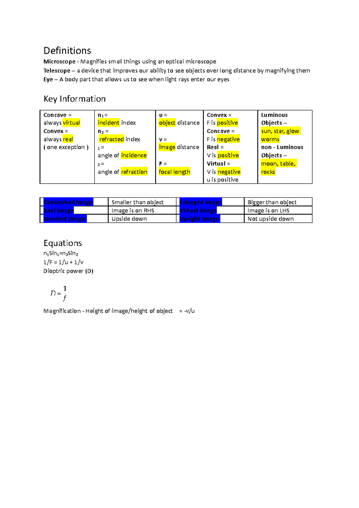 Physics light cheat sheet - Definitions Microscope - Magnifies small ...