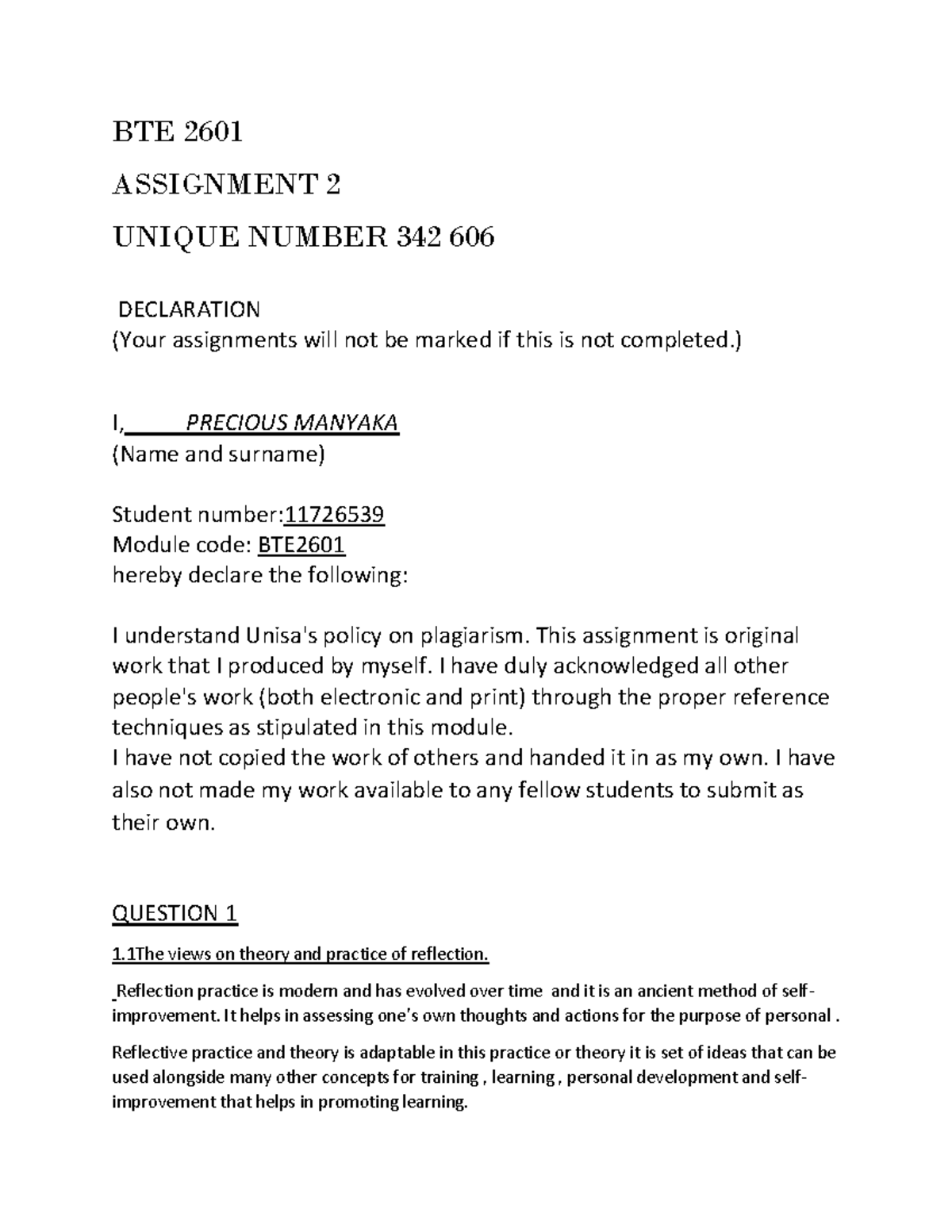 BTE 2601 assignment 2 - BTE 2601 ASSIGNMENT 2 UNIQUE NUMBER 342 606 ...