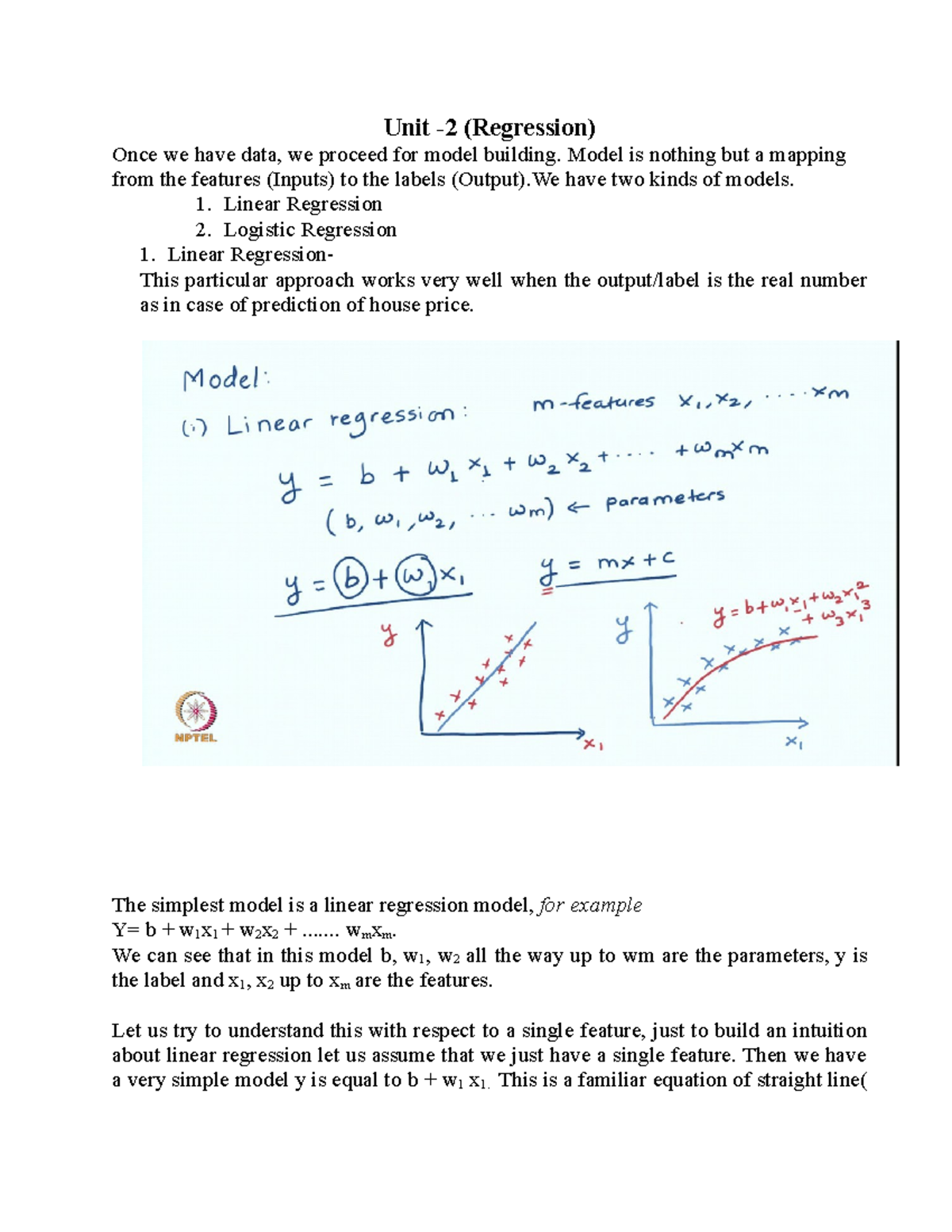 Unit 2 Mlt Partial Lecture Notes 1 Unit 2 Regression Once We Have Data We Proceed For