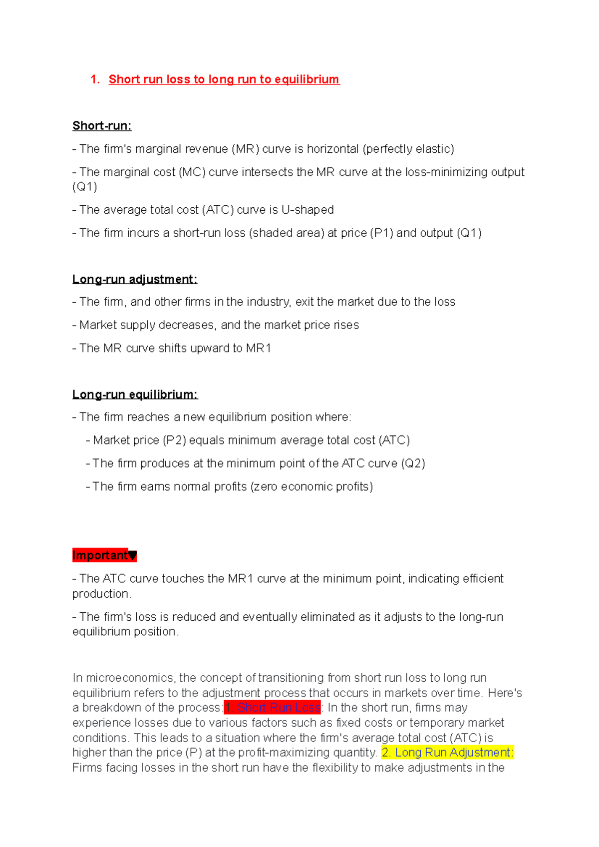Short run loss to long run to equilibrium - Short run loss to long run ...