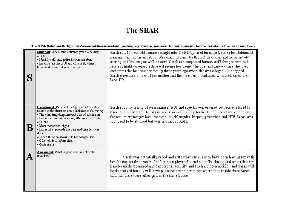 SBAR Kaiser Simplified Template (4) - NUR 3065L - Studocu
