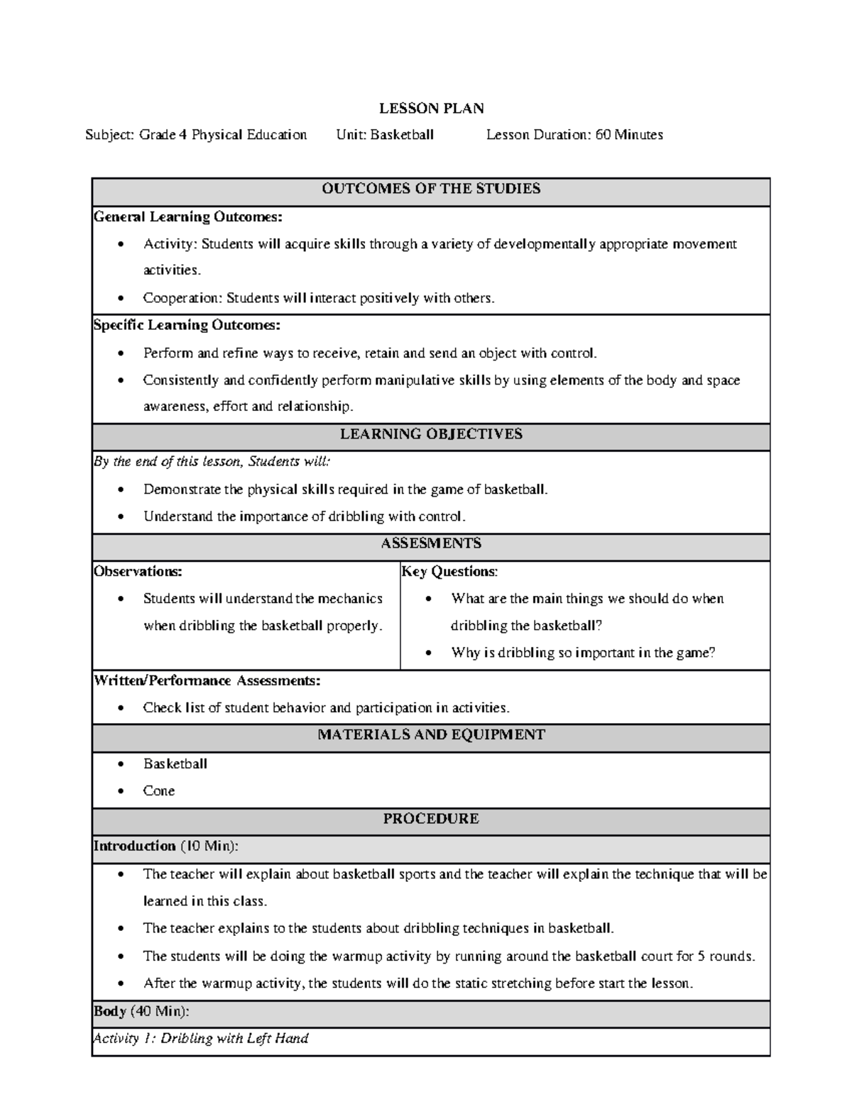 Lesson Plan Basketball - LESSON PLAN Subject: Grade 4 Physical ...